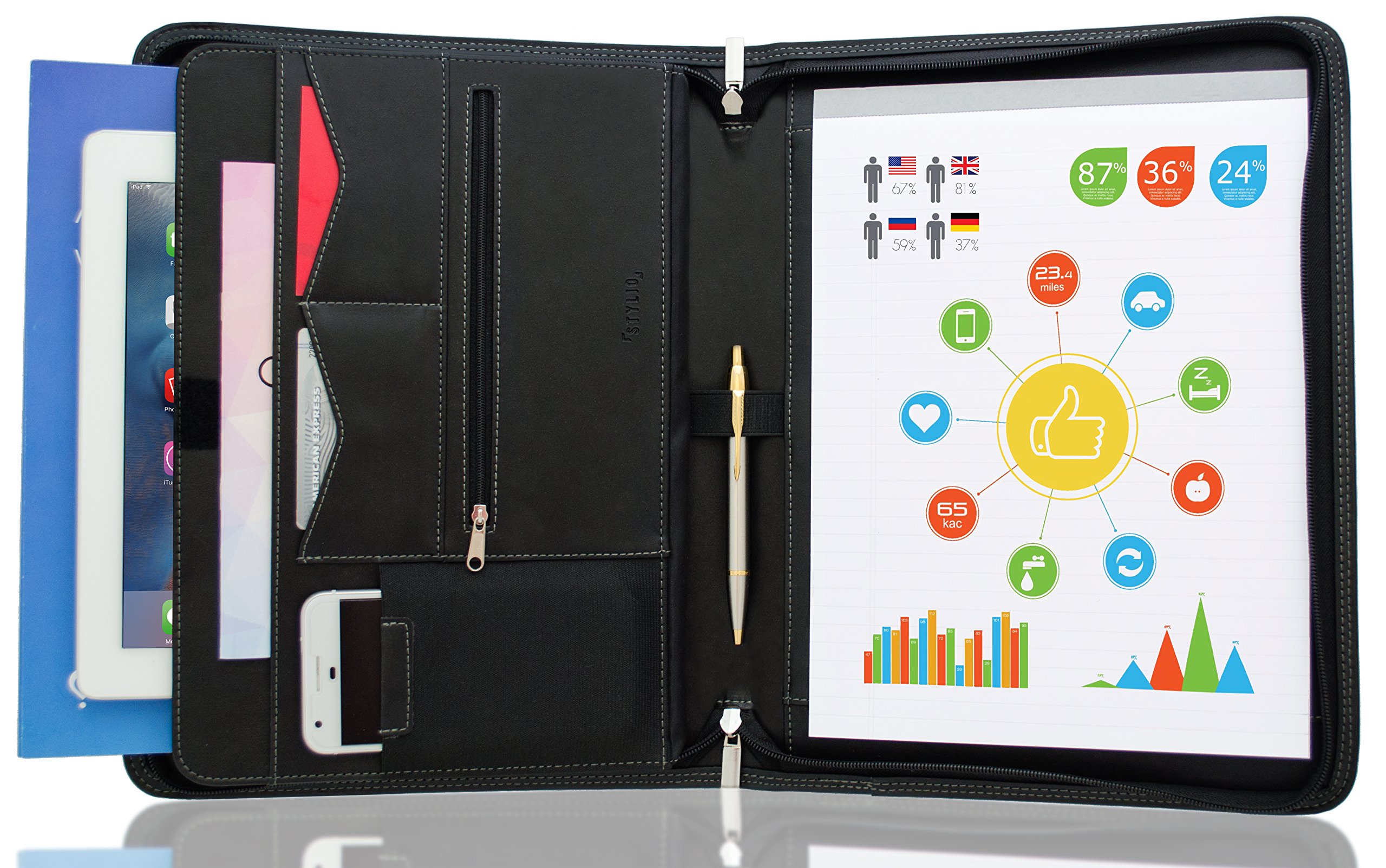 STYLIO Zippered Padfolio Portfolio Binder, Interview Resume Document ...