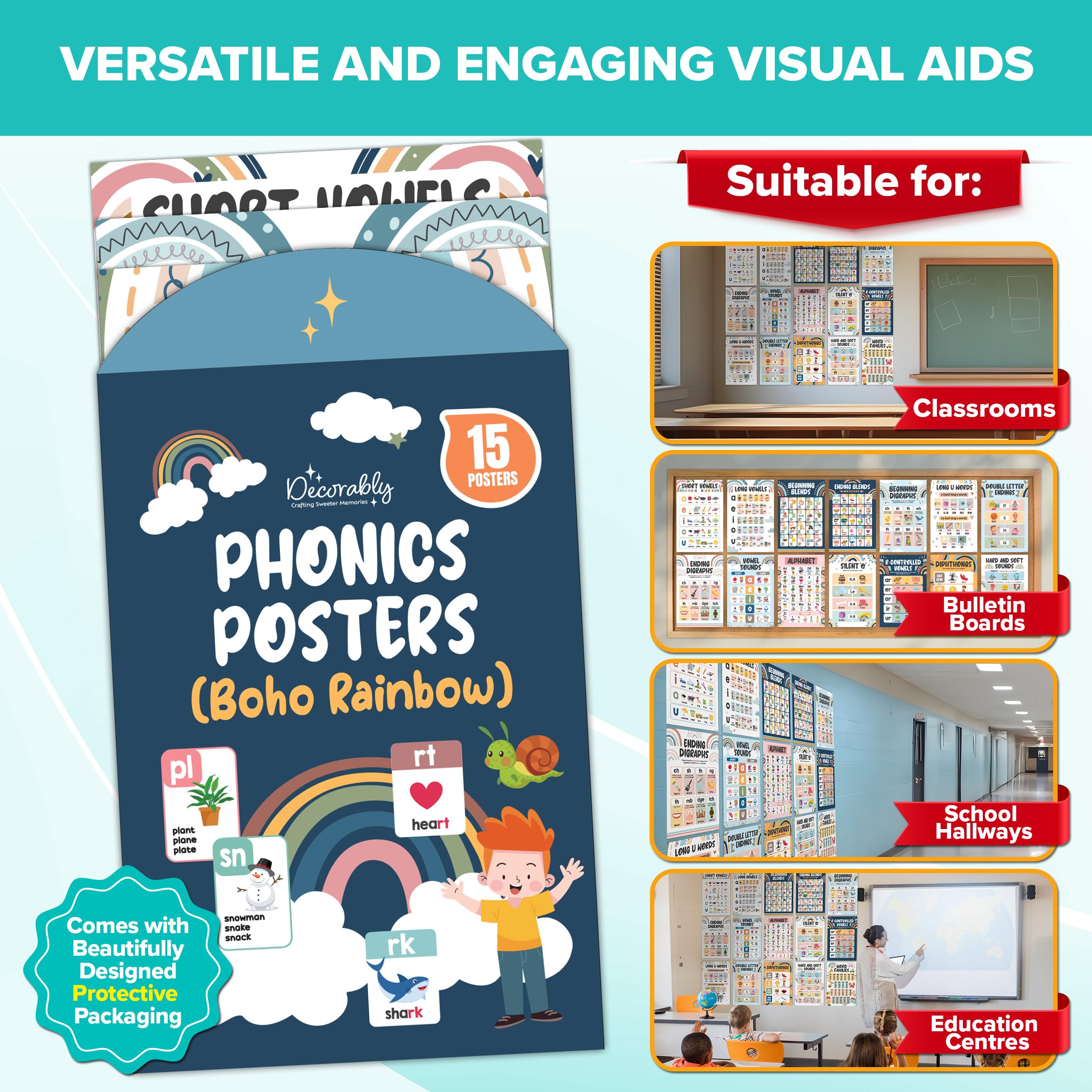 Mua Decorably 15 Boho Rainbow Phonics Posters for Classroom, 11x17in ...