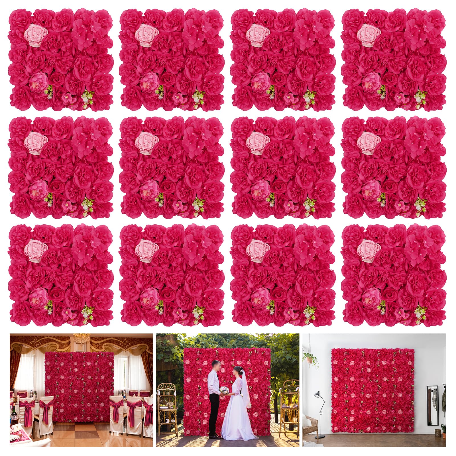 RIDDSEE Artificial Flower Wall Panels - 12-Piece Set of 15x15 Inch Silk ...