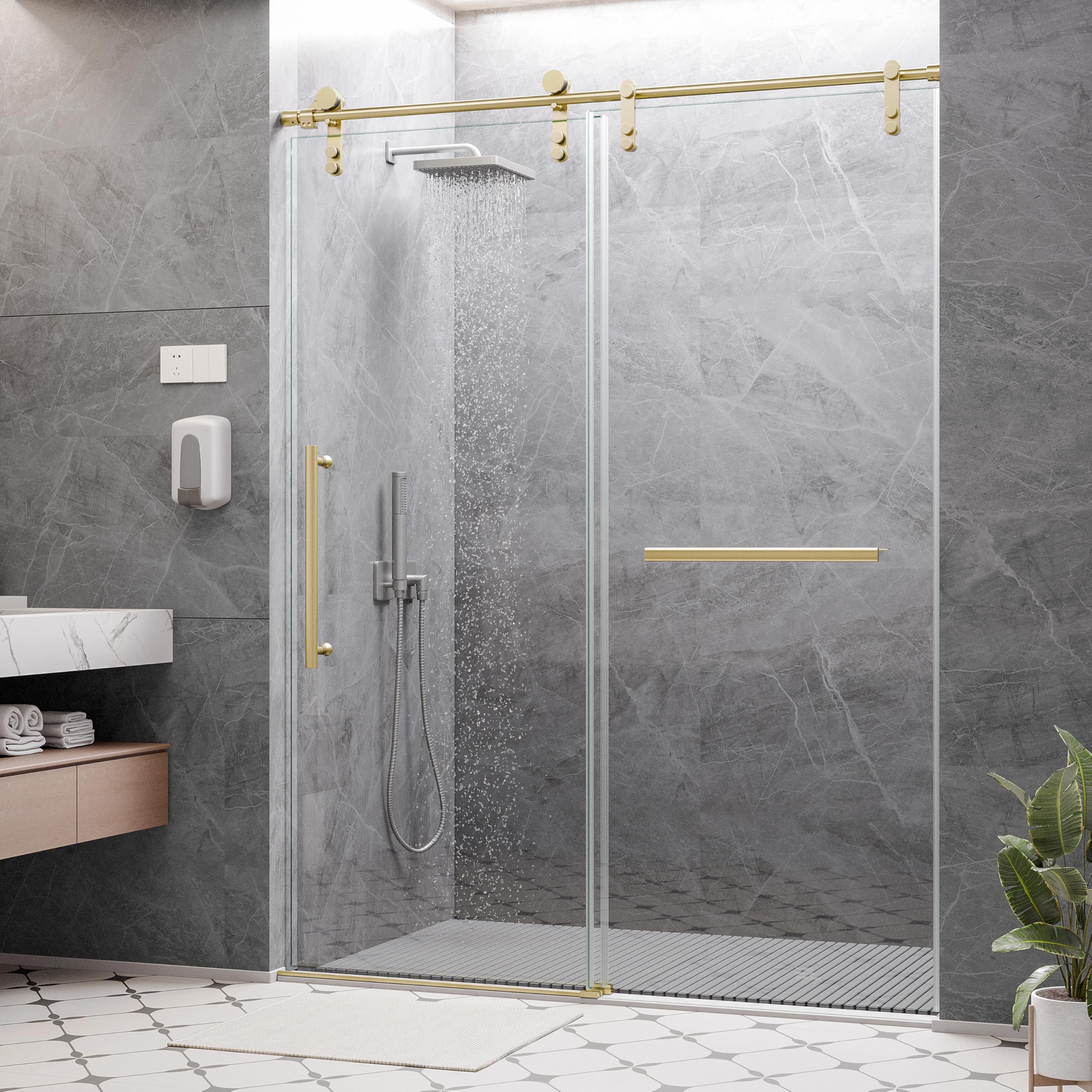 Kurapika 56-60" W x 75" H Frameless Sliding Glass Shower Door with 5/16" (8mm) Certified Clear ...