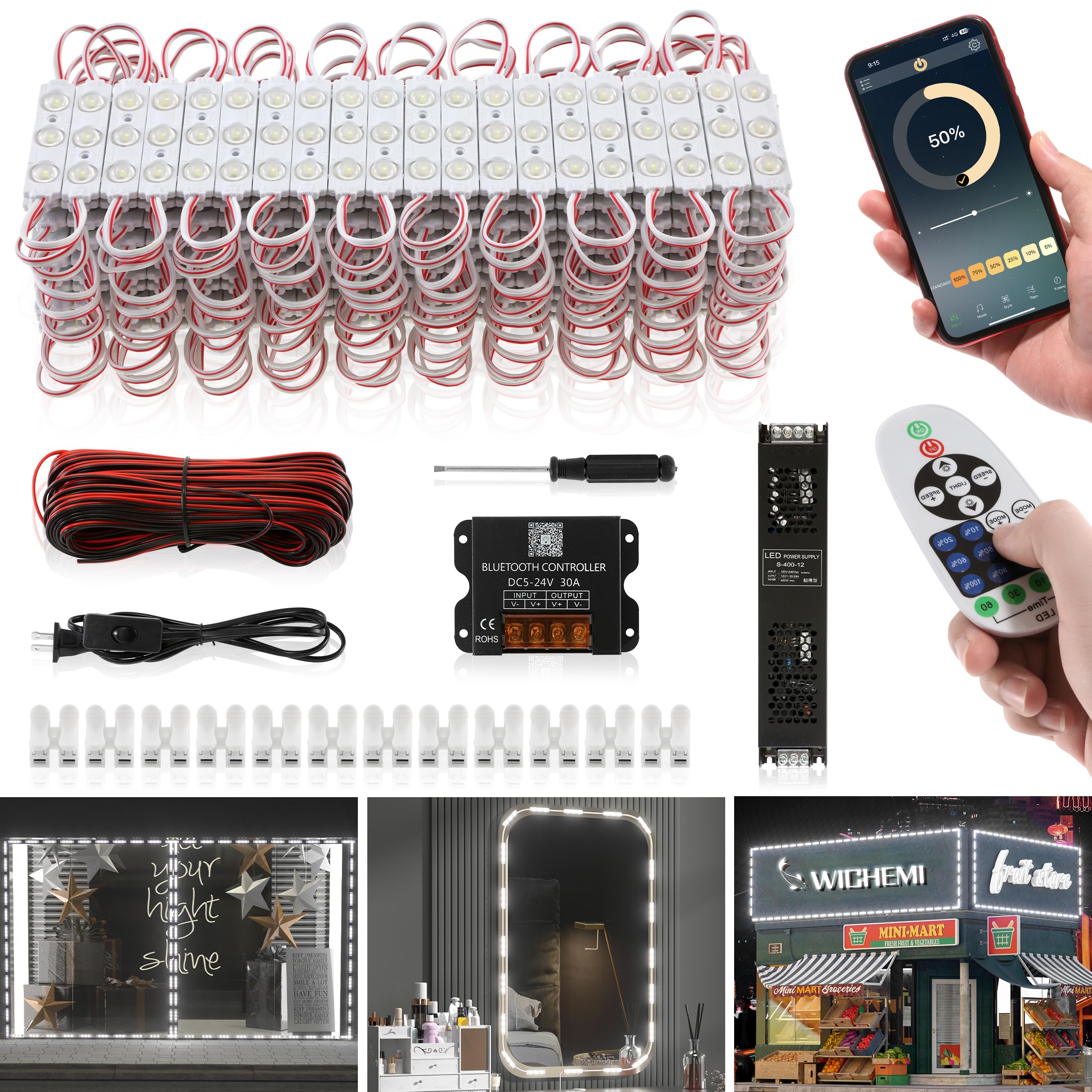 WICHEMI 100ft Storefront LED Light Bluetooth APP Control LED Module for ...