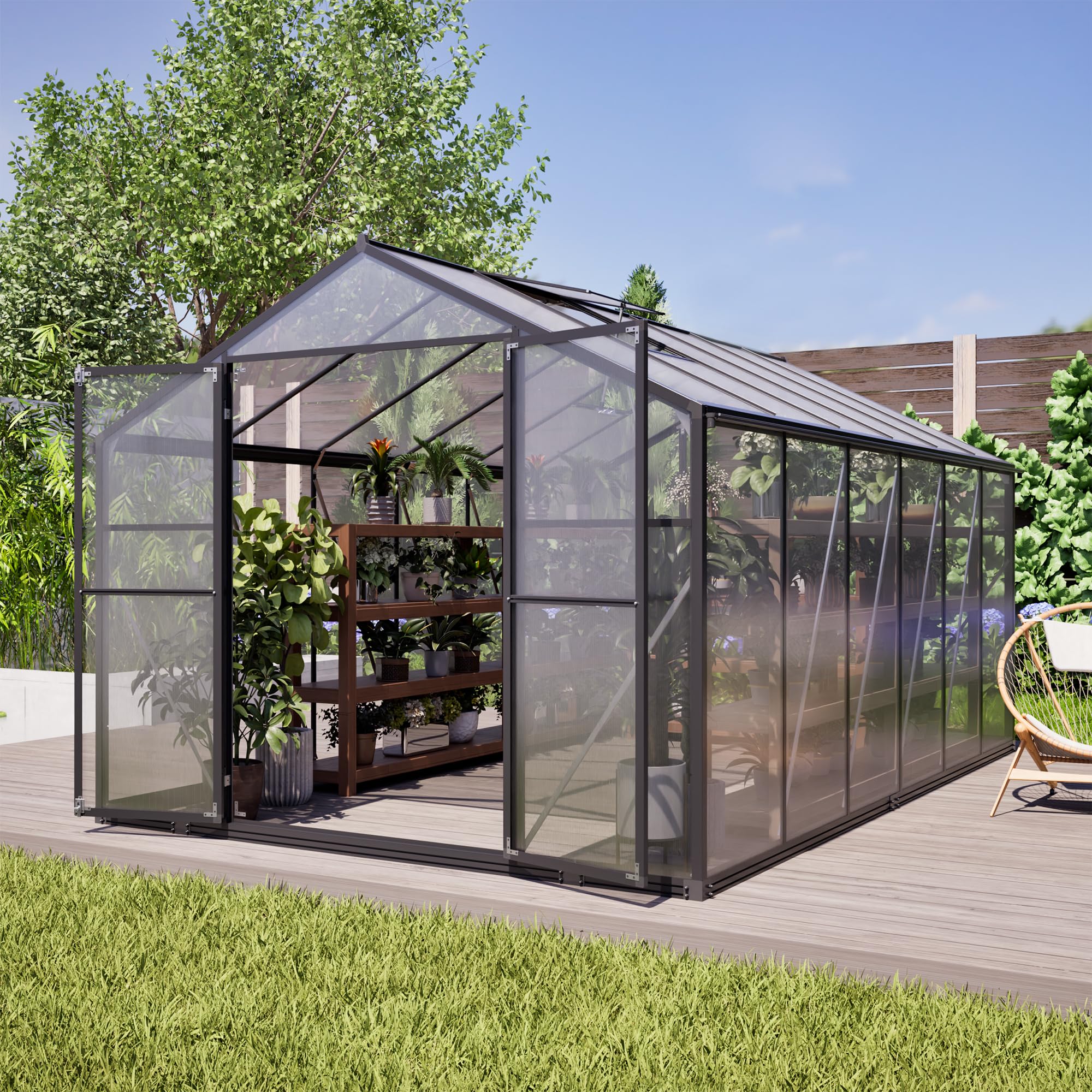Linkhoo 8x12 FT Polycarbonate Greenhouse with Lockable Double Door and ...