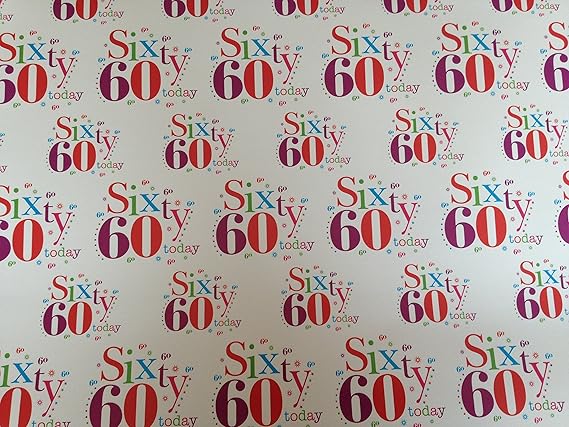 60th Birthday Wrapping Paper, 2 Sheets and a Matching Tag (White Words ...
