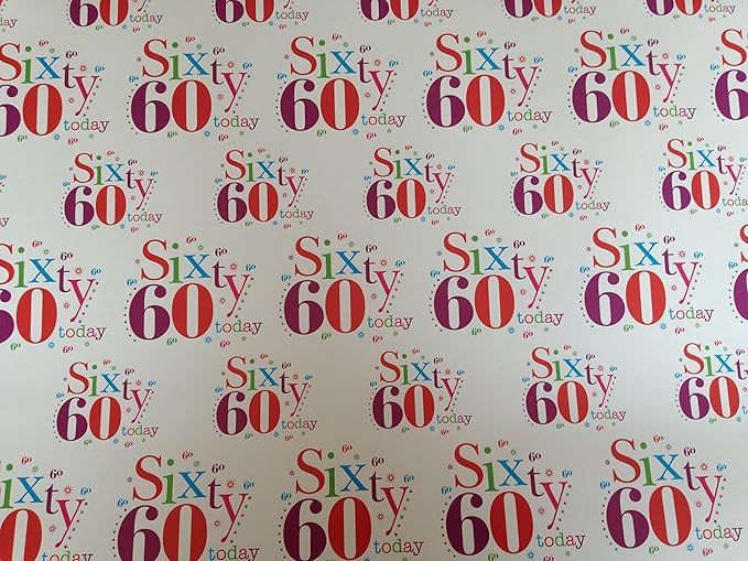 60th Birthday Wrapping Paper, 2 Sheets and a Matching Tag (White Words ...