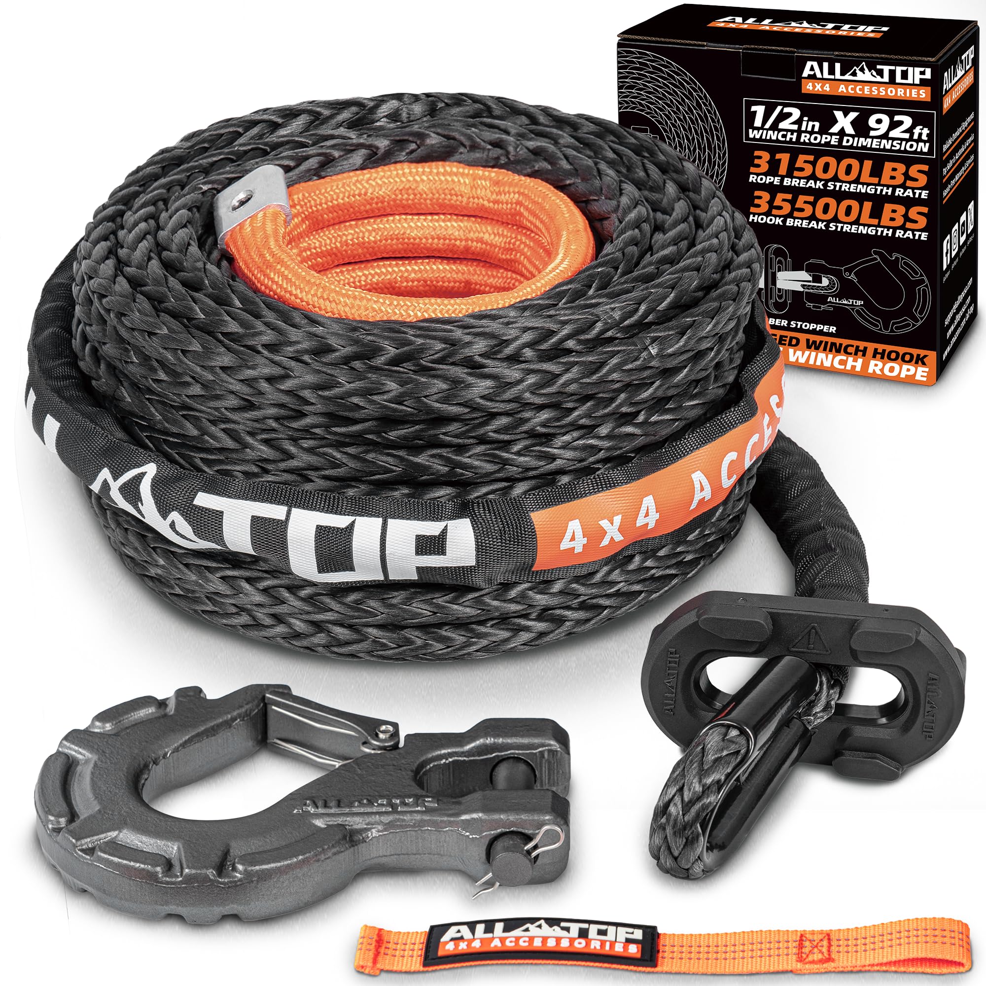 ALL-TOP Synthetic Winch Rope Kit, 1/2in x 92ft, 31500Lbs Winch Cable Replace Kit + Forged Winch ...