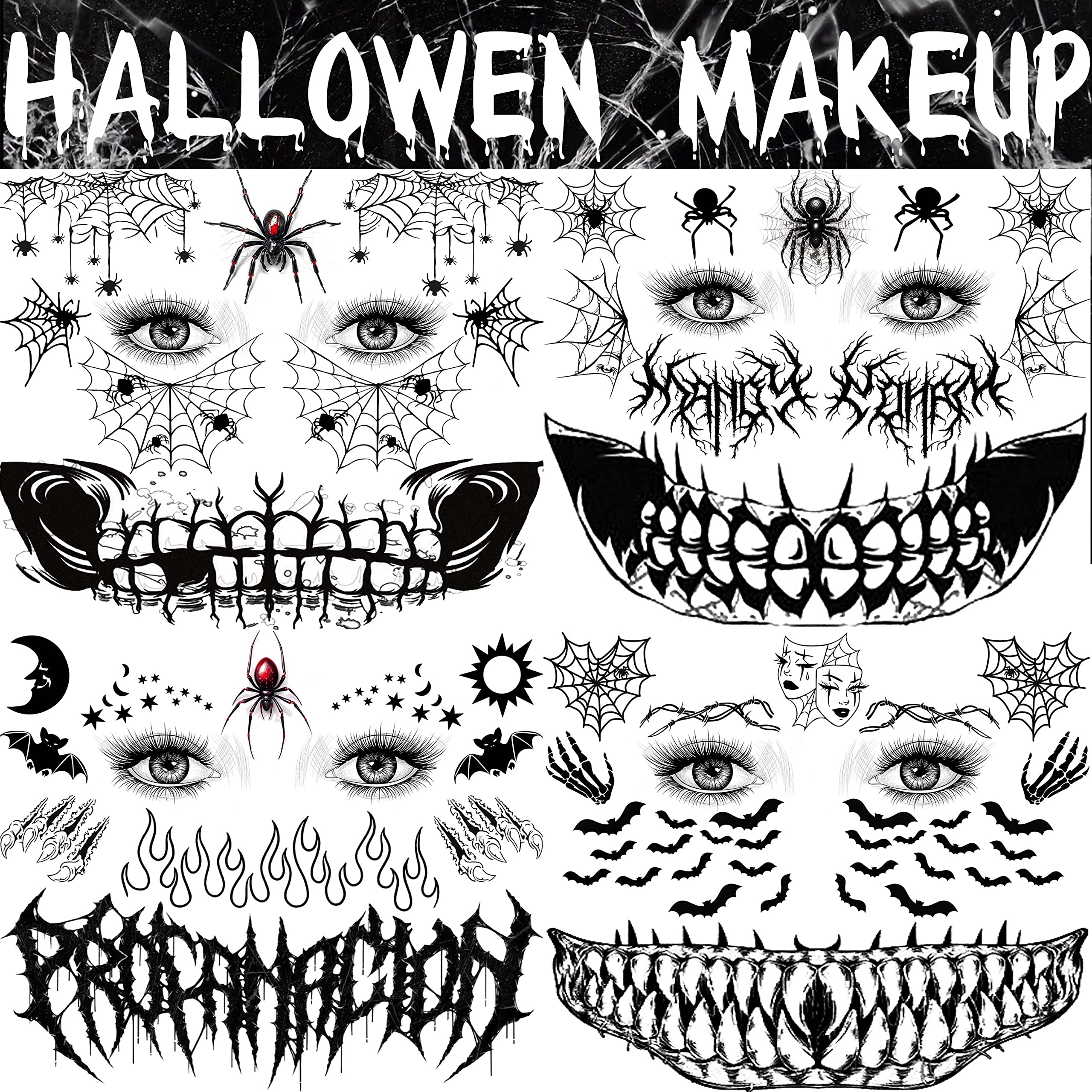 COKTAK 4 Sheet Scary Halloween Face Tattoos For Women Men Adults, Fake ...