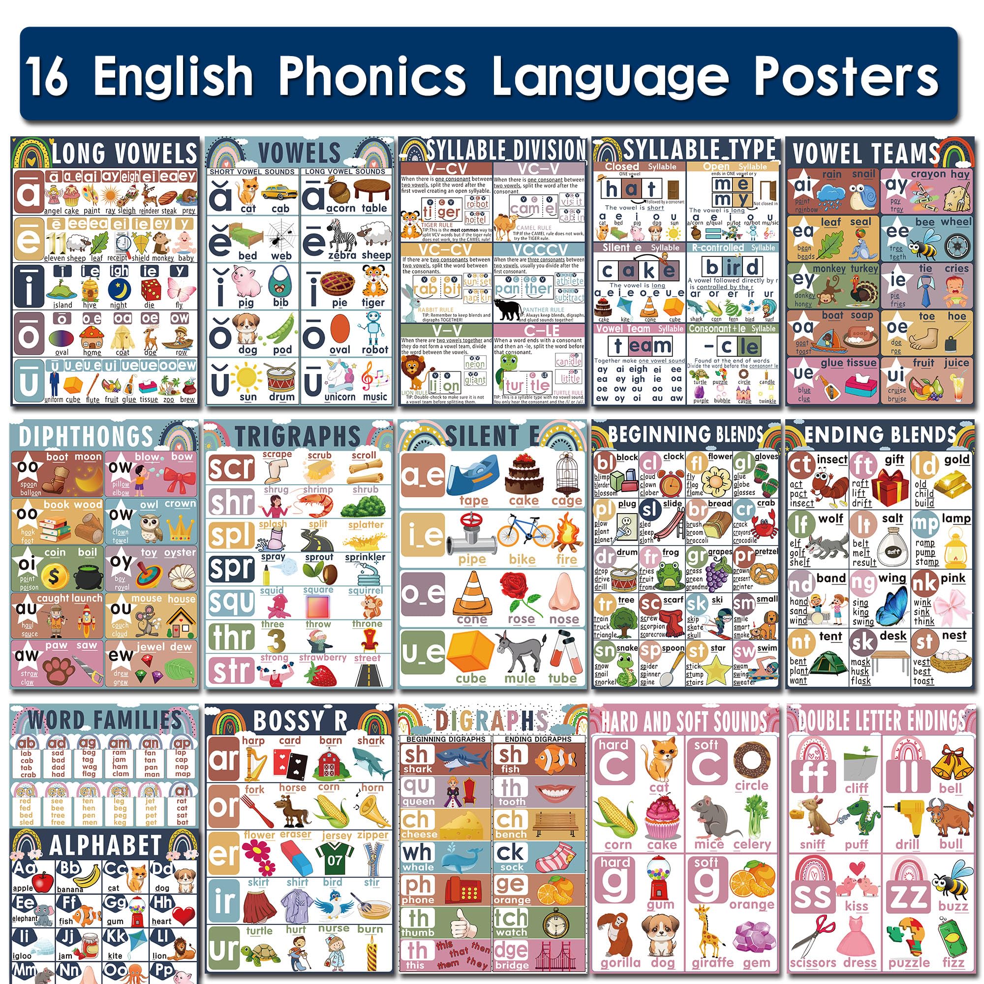Mua 16 Sound Wall Classroom Phonics Language Arts Charts for Kids ...