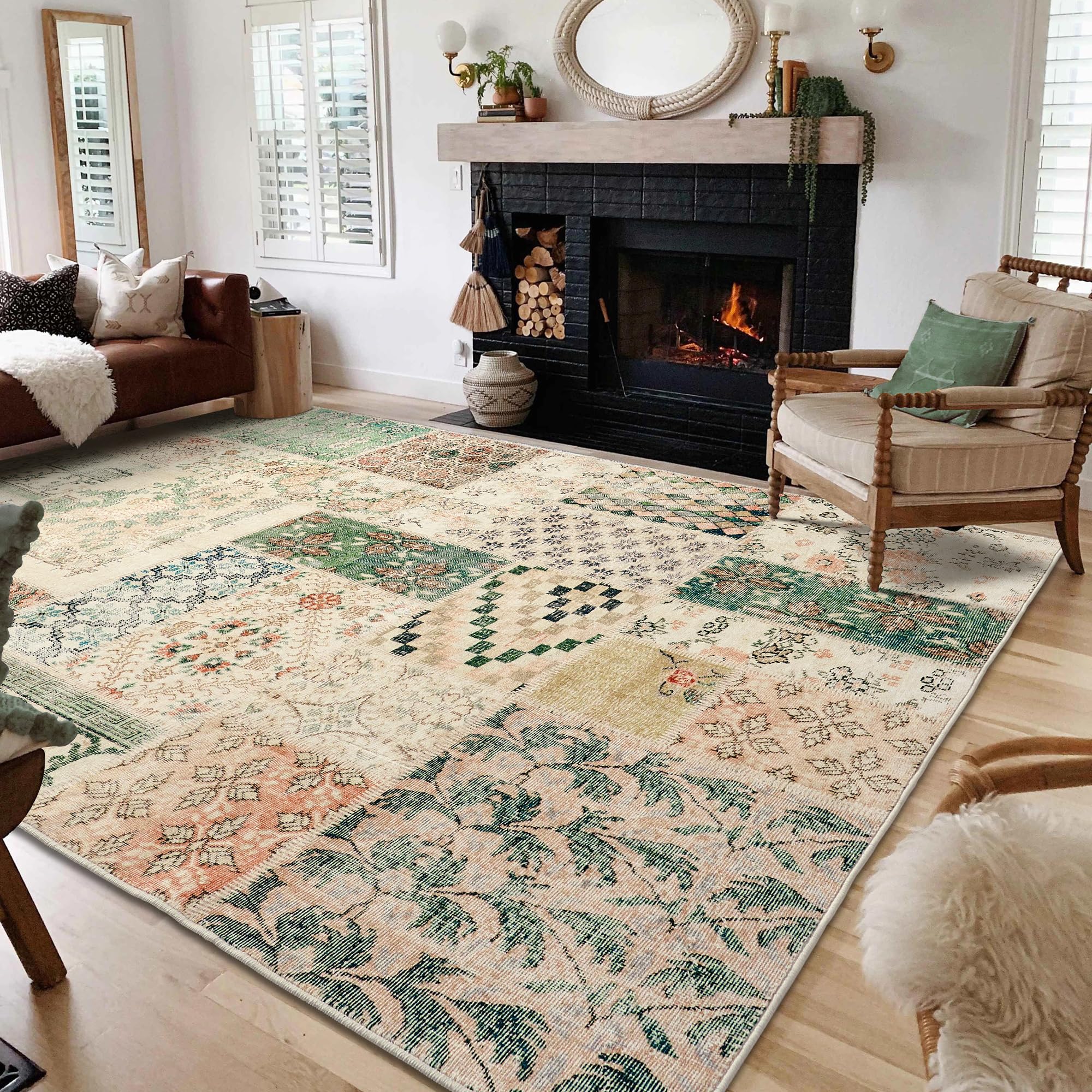 Area Rug 6x9 for Living Room,Boho Floral Botanical Plaid Geometric ...