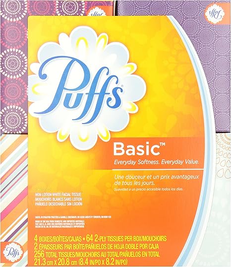 Puffs Basic Facial Tissues, 4 Cubes, 64 Per Box, 256 Count- Packaging ...