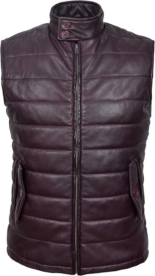 Men's Slim Fit Cherry Burgundy Red Gilet Vest Stand Up Collar Quilted ...