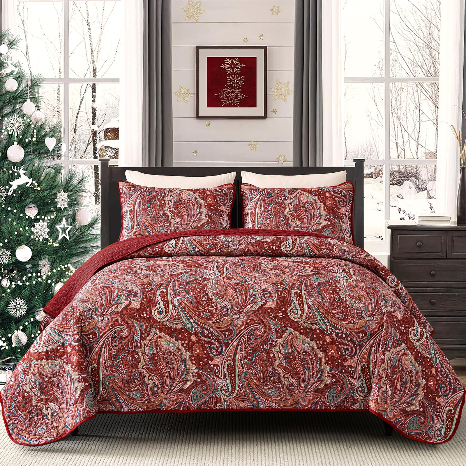 DJY Red Paisley Quilt Set Twin Size Boho Quilt Bedspread Set 2 Pieces ...