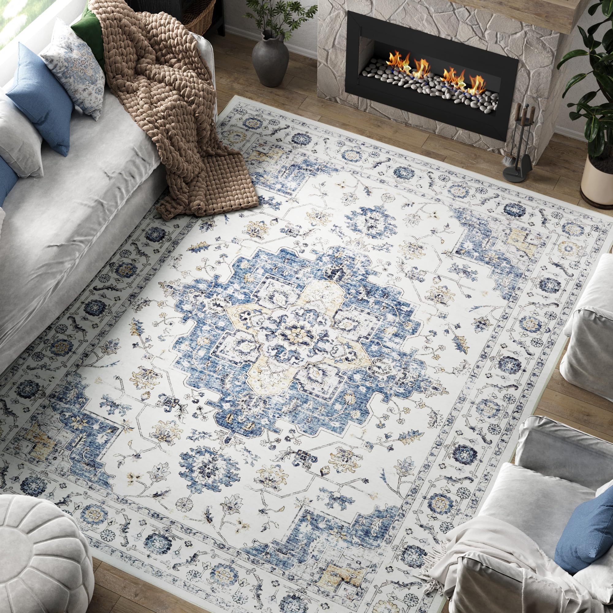 jinchan Area Rug 8x10 Vintage Washable Rug Floral Medallion Rug Non ...
