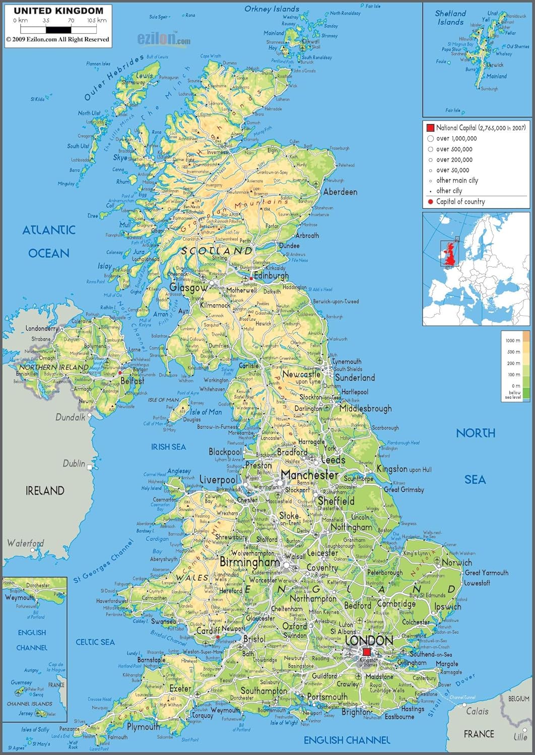 Laur UK United Kingdom Map/Poster – Clearly Shows Rivers, Major Airport ...