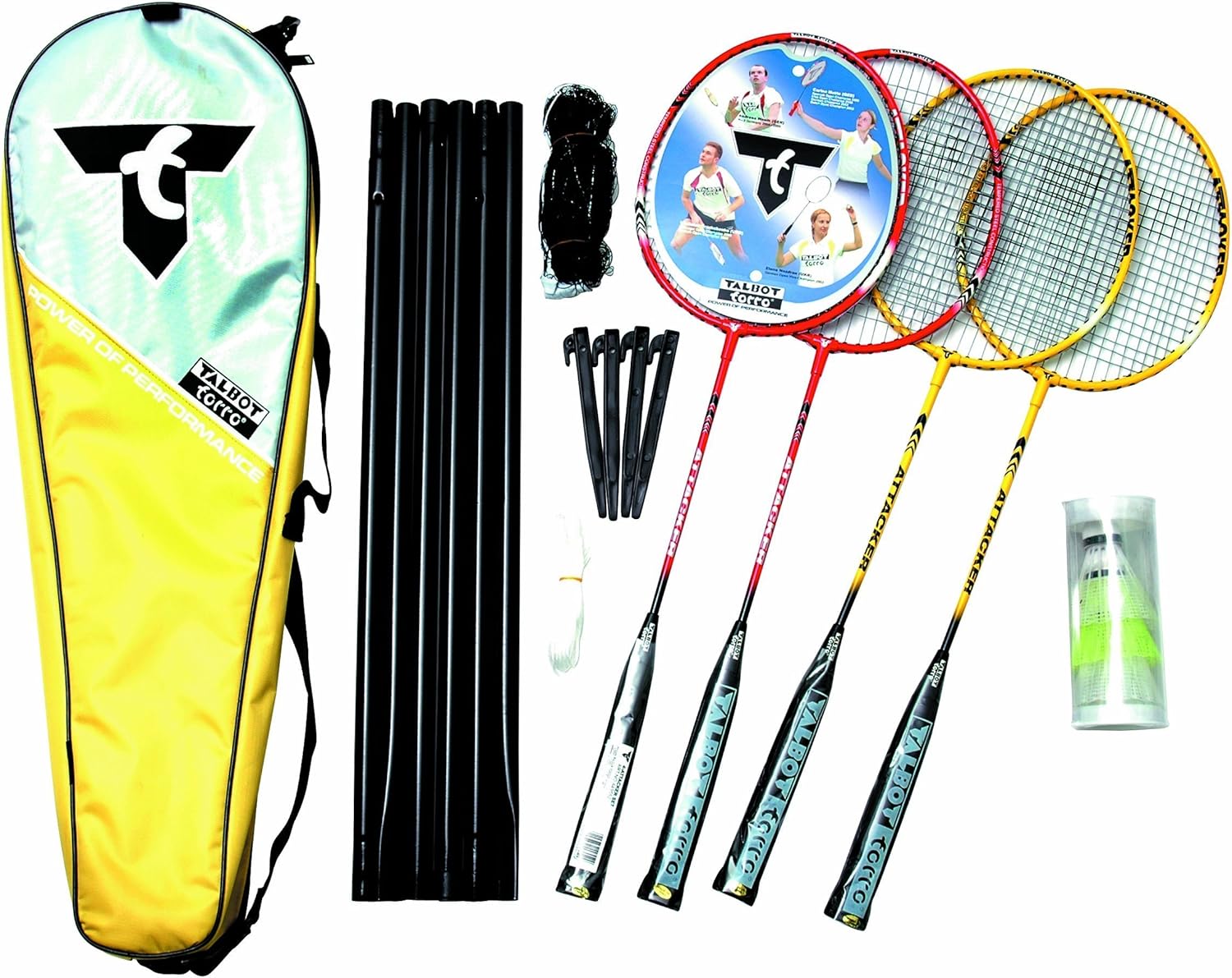 Talbot Torro Attacker 4 Player Badminton Set (4 Rackets, 3 Shuttlecocks ...