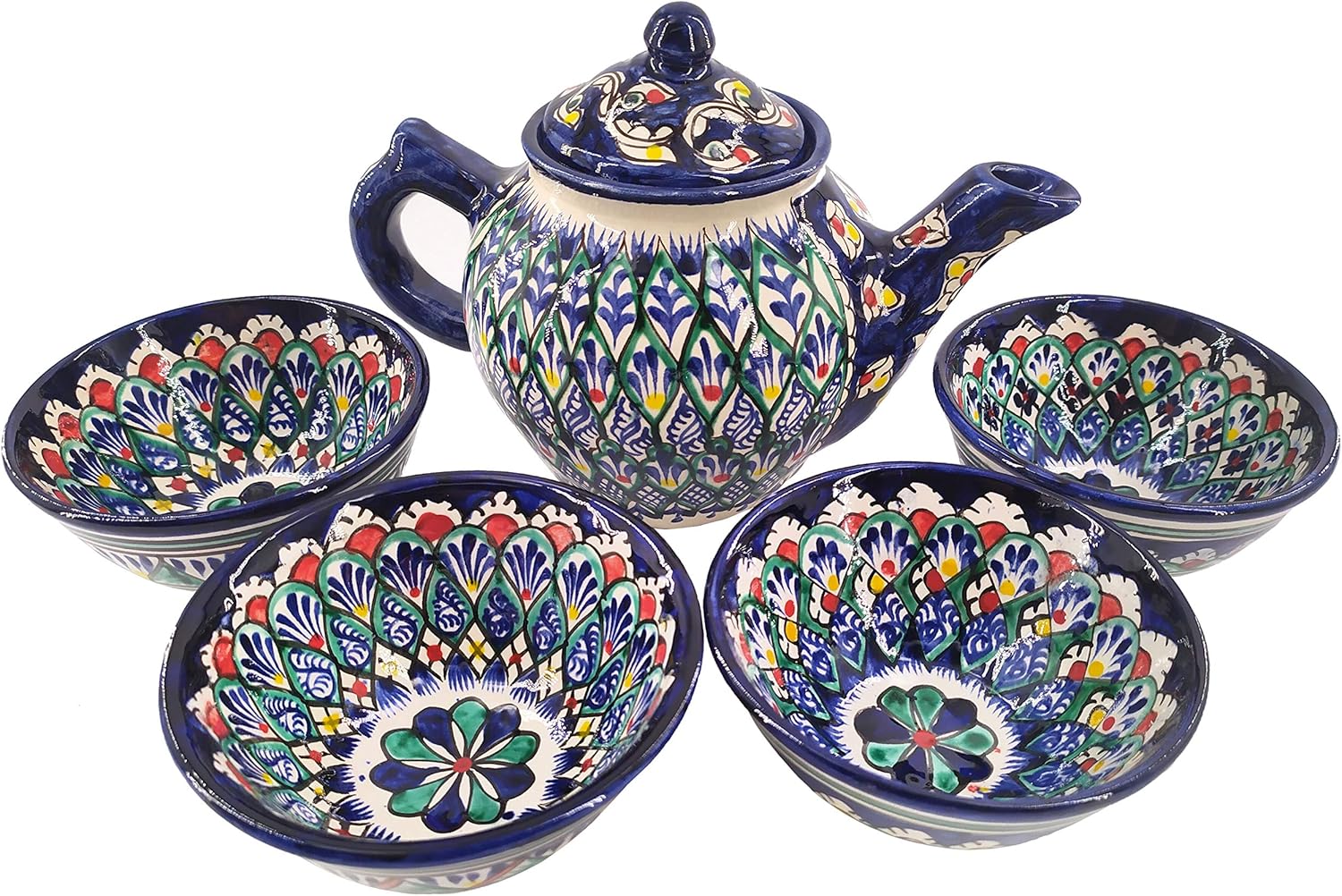 Beautiful Blue Handmade Uzbek 5-Piece Clay Tea Set 23.6 Oz Teapot with ...