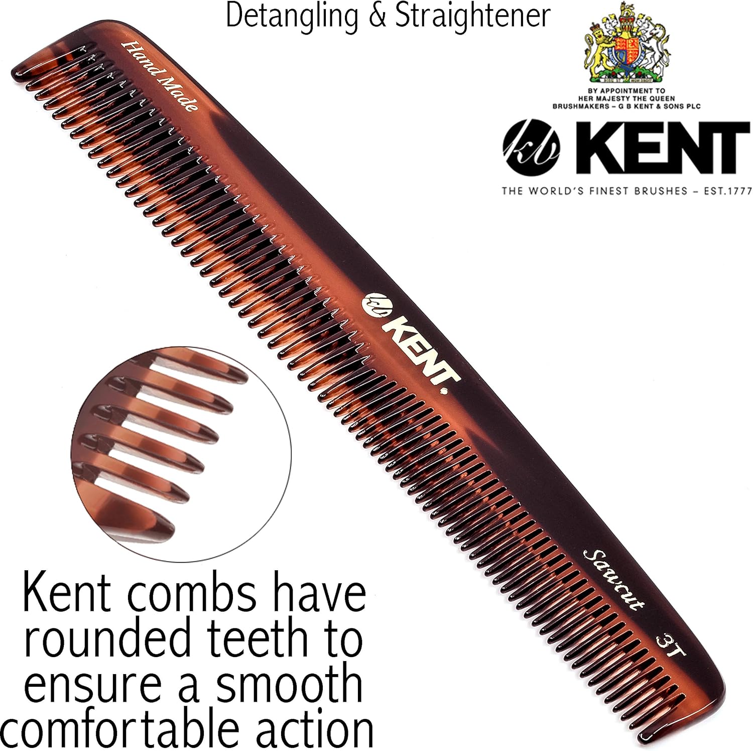 Kent Brushes Handmade Combs Range 3T Medium Size Coarse and Fine Comb ...