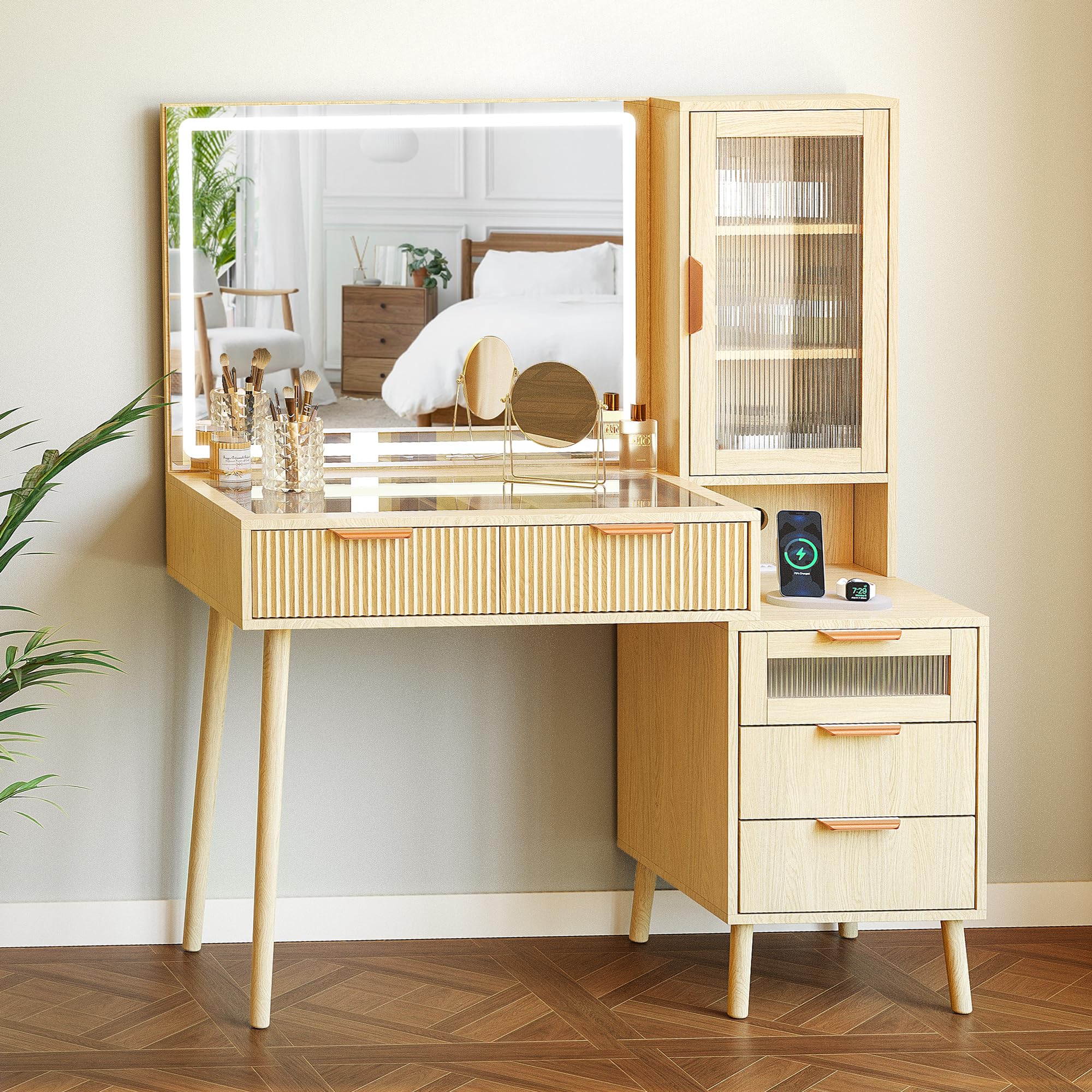 Fkhouse Natural Oak Fluted Makeup Vanity Desk with LED Mirror Cancel ...