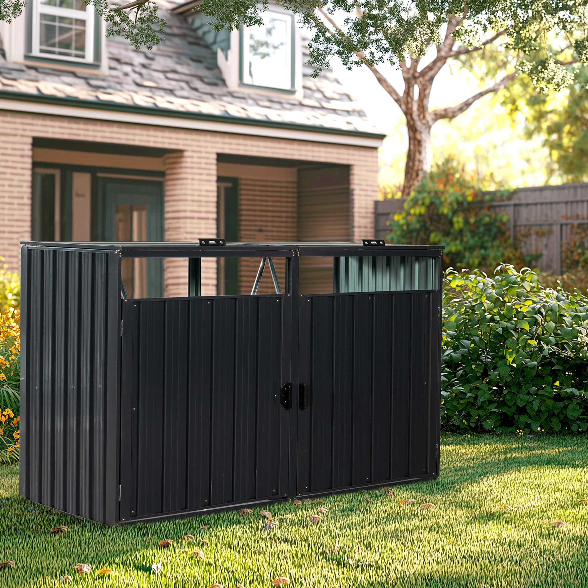 Outdoor Trash Bin Shed Metal Garbage Enclosure for 2 Bins, Waterproof ...