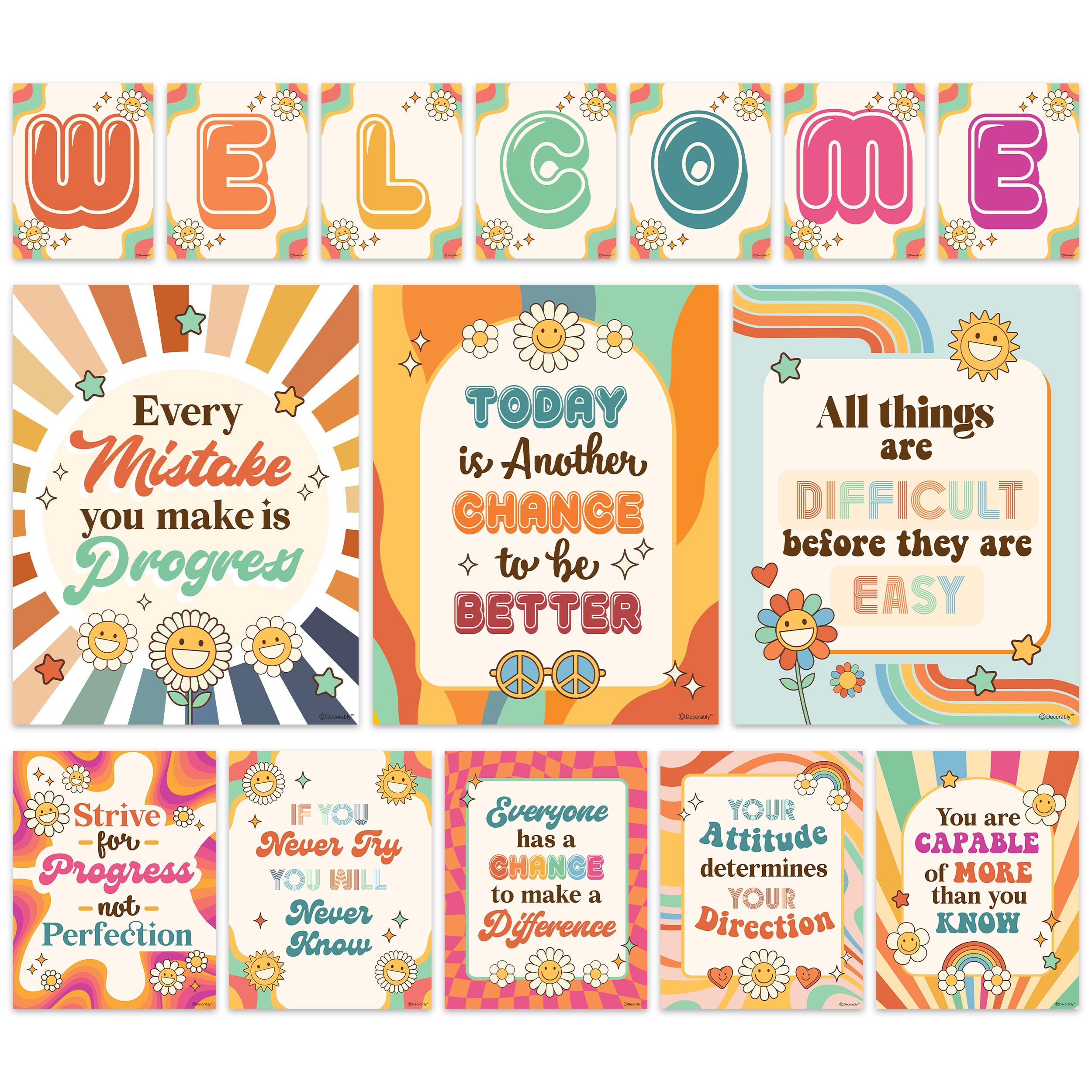 Decorably 15 Retro Welcome Poster for Classroom, Matte-Laminated ...