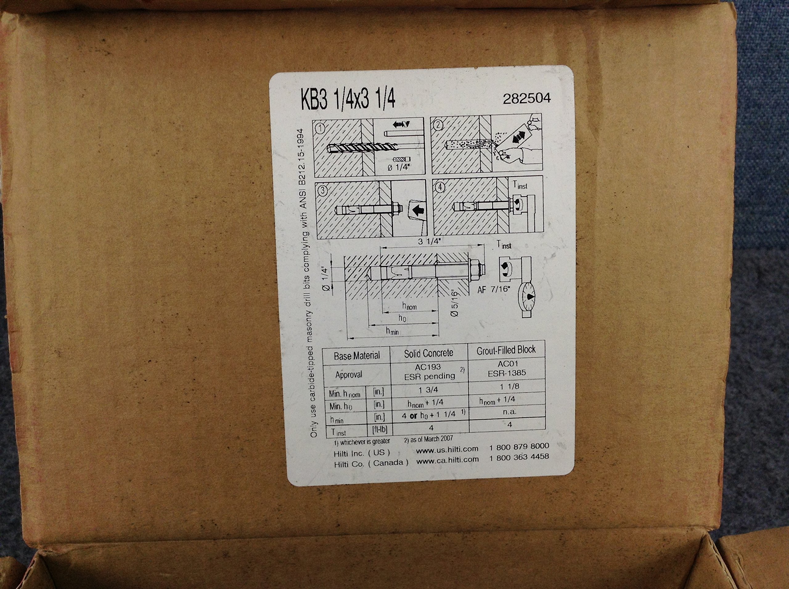 Hilti KWIK Bolt 3 Expansion Anchor - Carbon Steel - KB3 1/4" X 3-1/4 ...