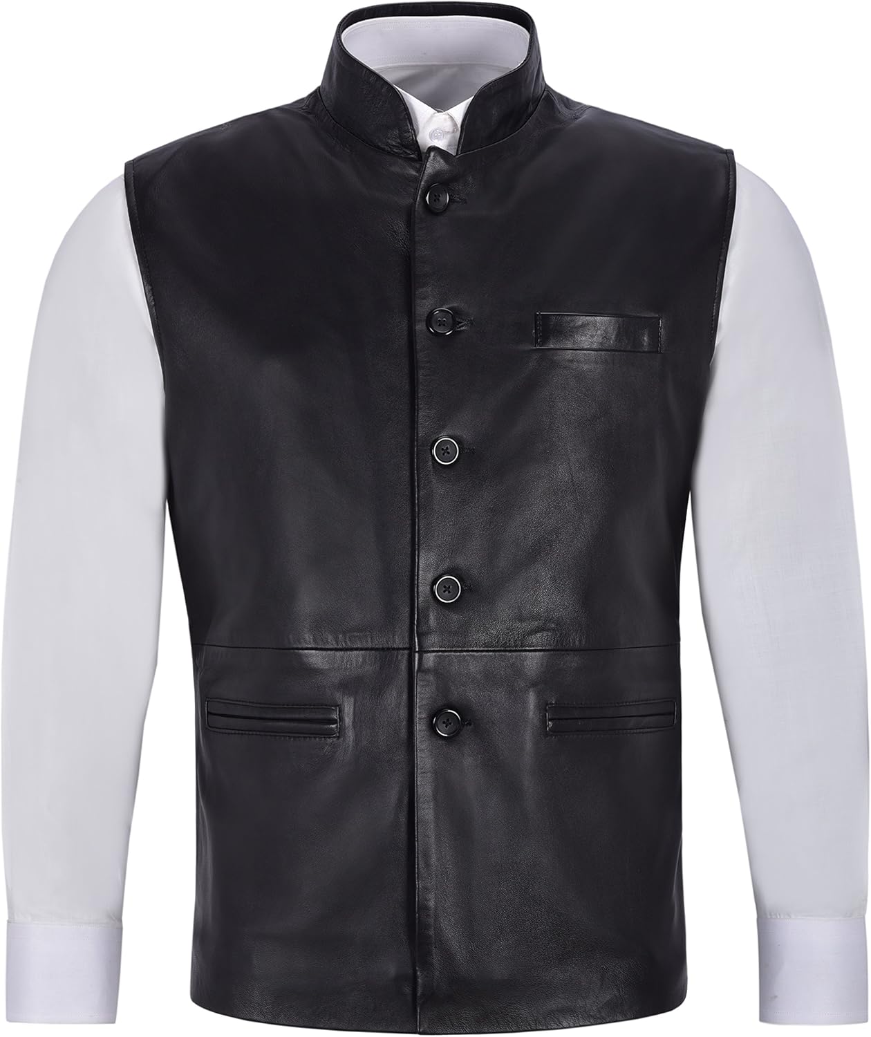 Men's Leather Waistcoat Black Mandarin Collar Indian Ethnic Vest Real ...