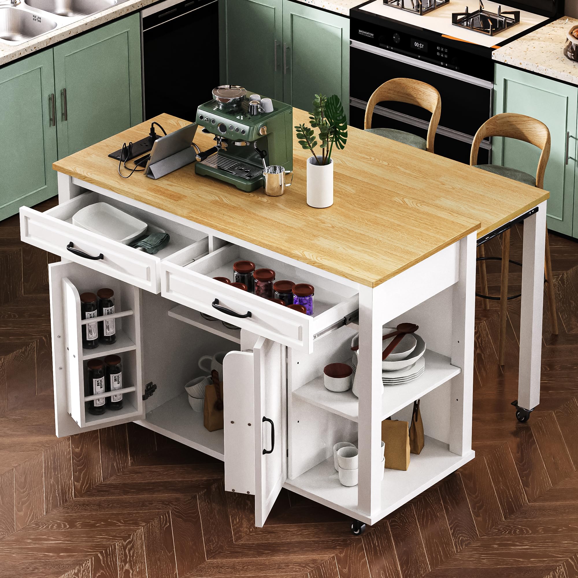 Merax Kitchen Island on Wheels with Extendable Dining Table & Power ...