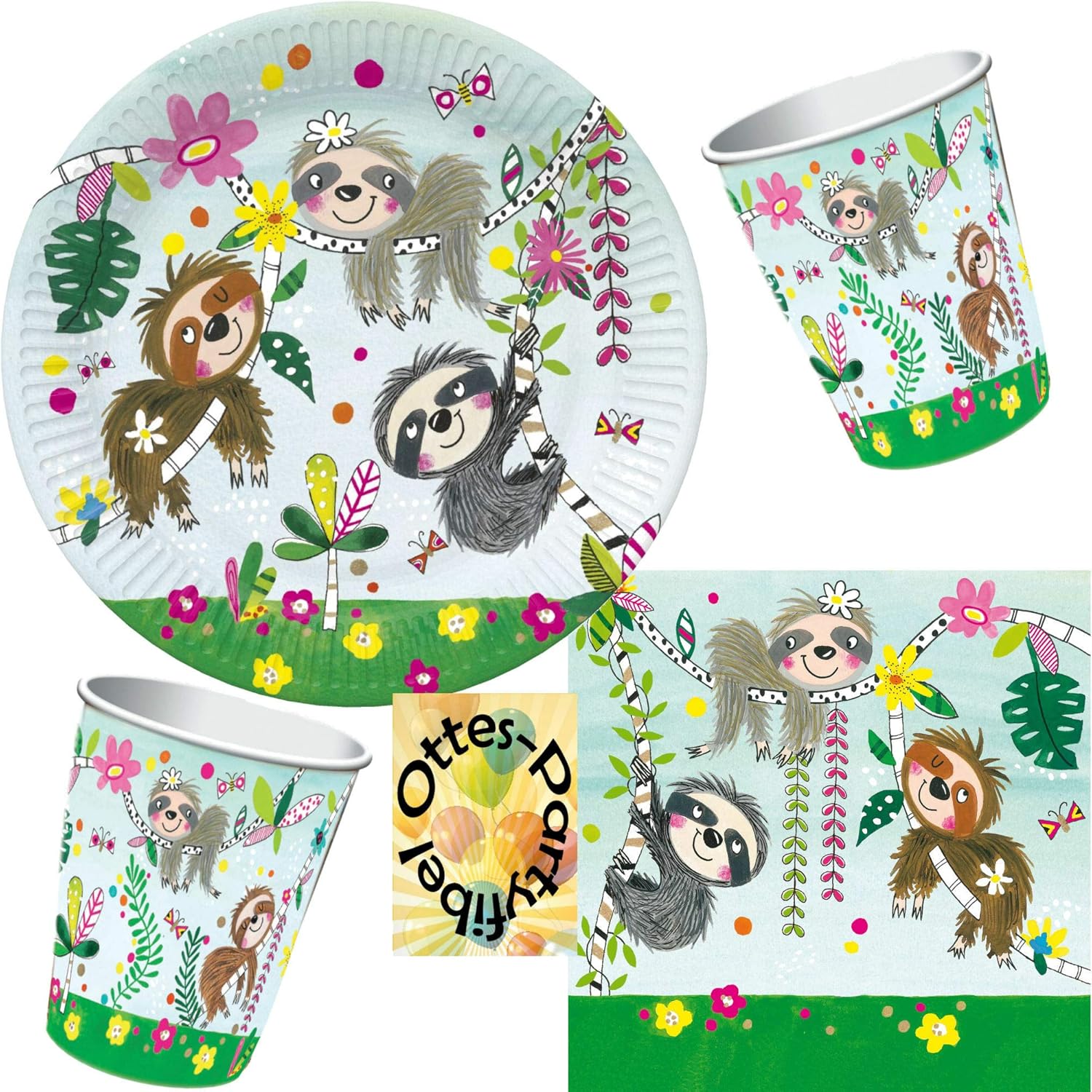 HHO Faultier-Party Party-Set 52tlg. 16 Teller 16 Becher 20 Servietten ...