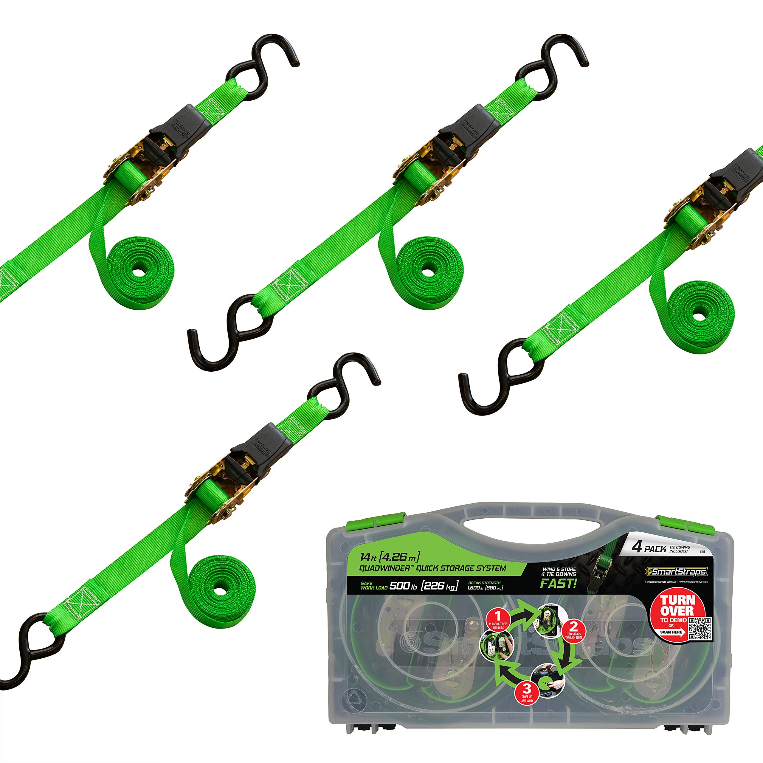 SMARTSTRAPS - 101W QuadWinder 14’ Padded Ratchet Tie Down, Green (4pk ...
