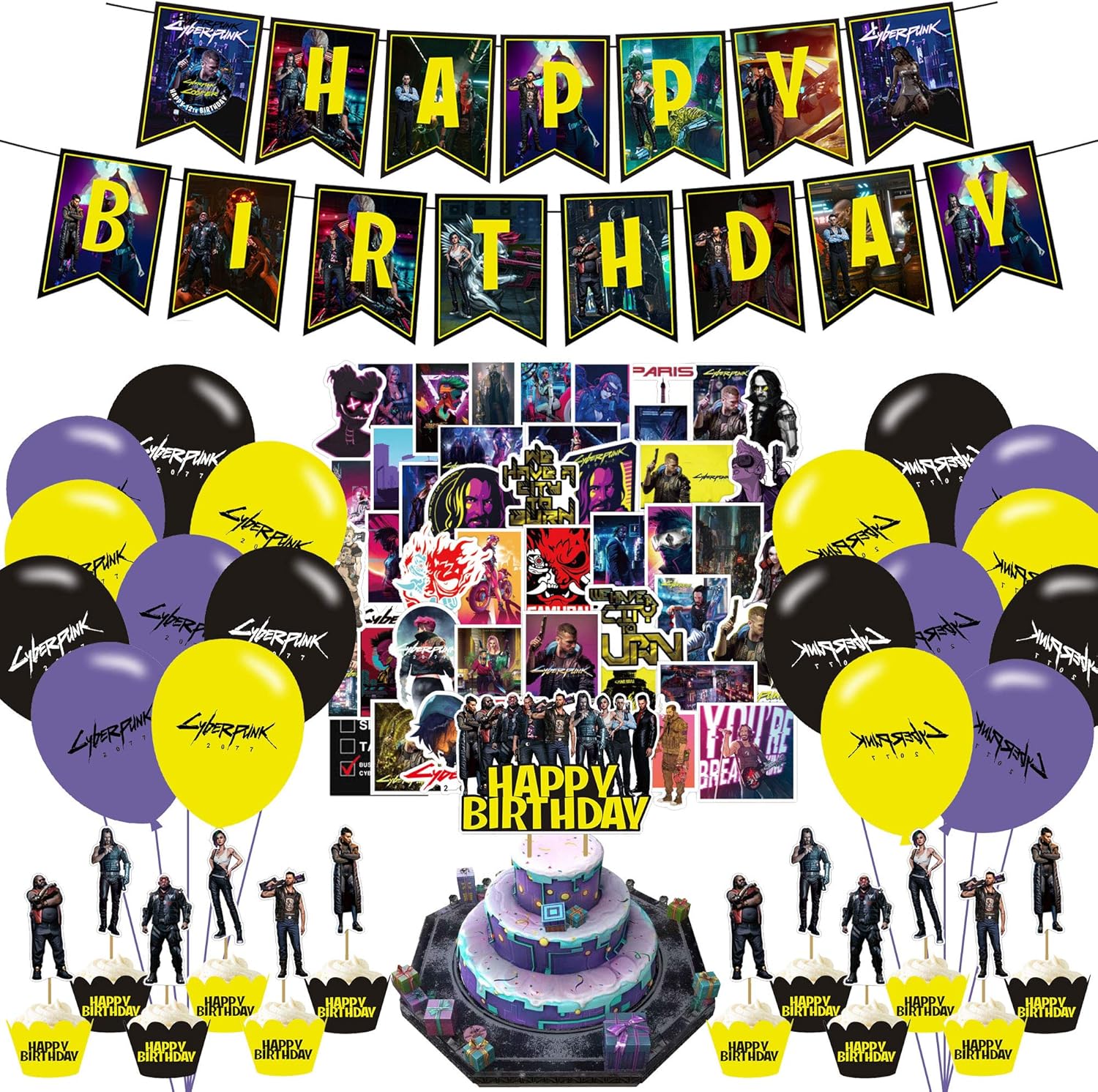Cyberpunk-2077 Birthday Party Supplies, 82 Pcs Gaming Party Decorations ...
