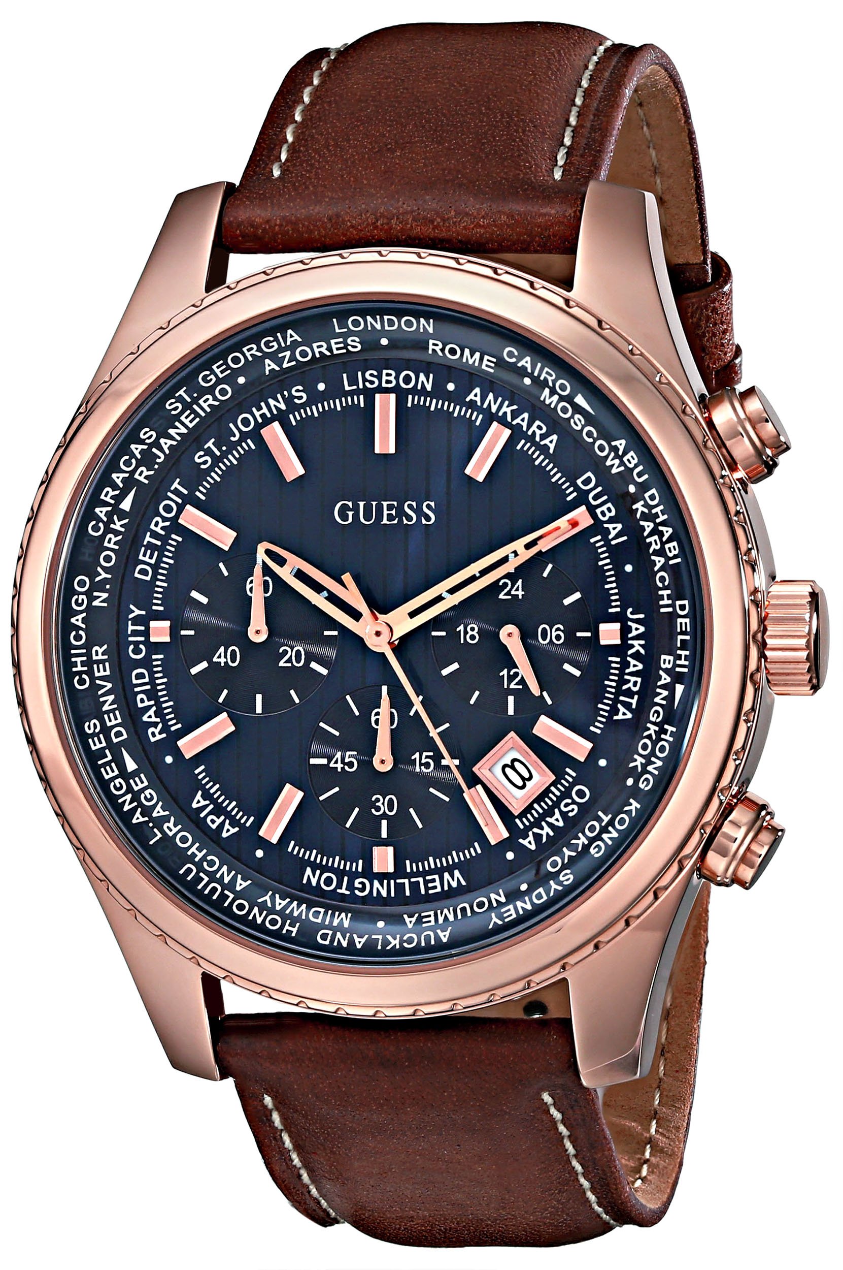 GUESS Men's Stainless Steel Casual Leather Watch, Color: Rose Gold-Tone ...