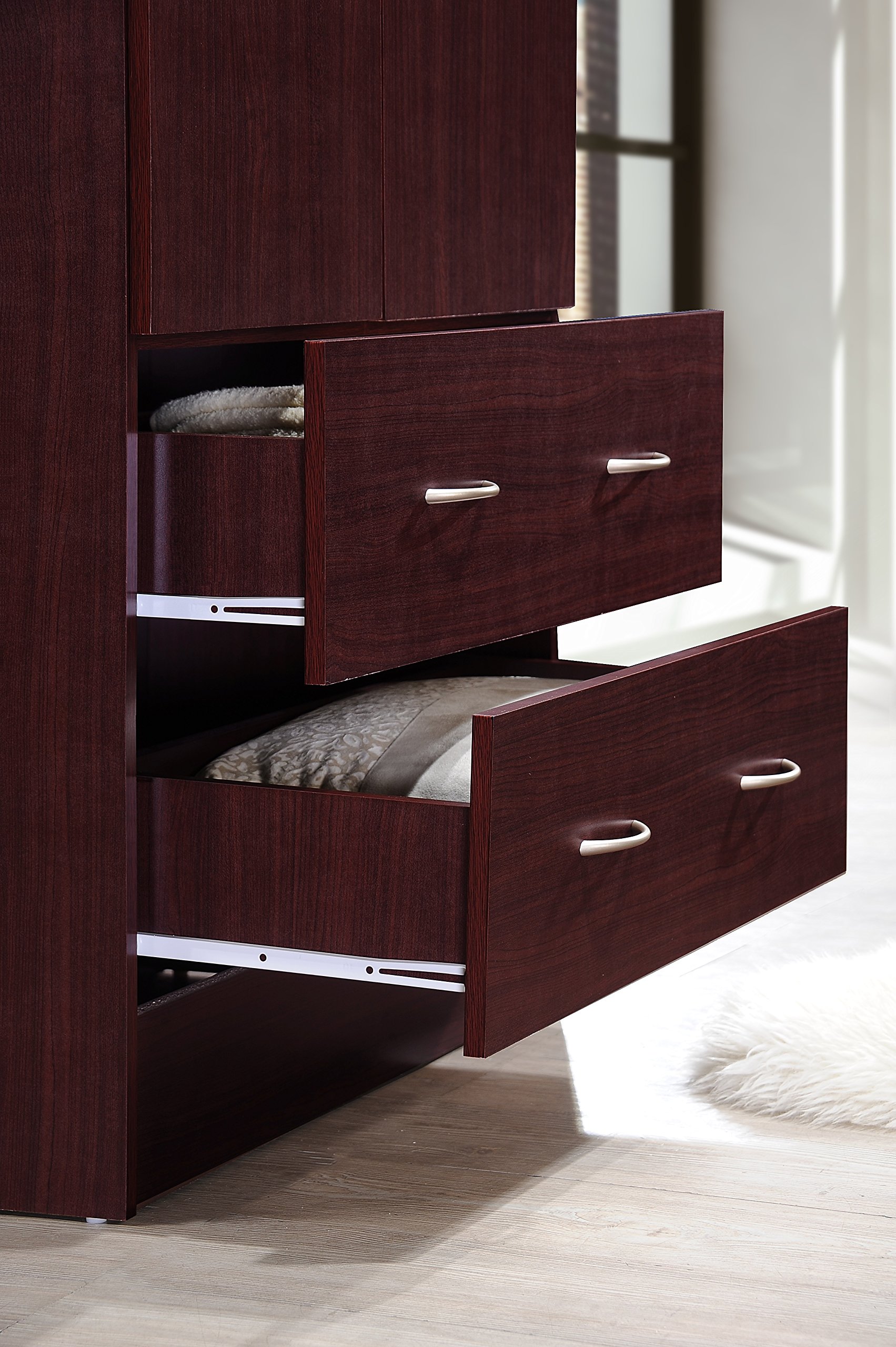 Hodedah Two Door Wardrobe, with Two Drawers, and Hanging Rod, Mahogany