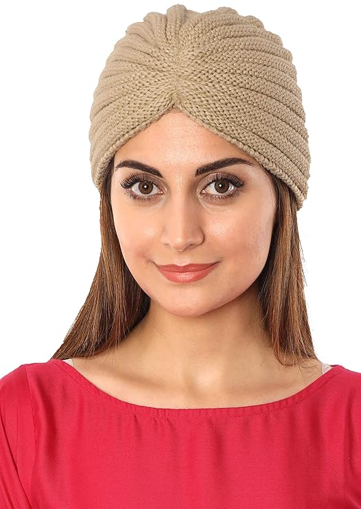 FabSeasons Women's Acrylic Woollen Skull Cap, fits Like a Turban (Beige ...