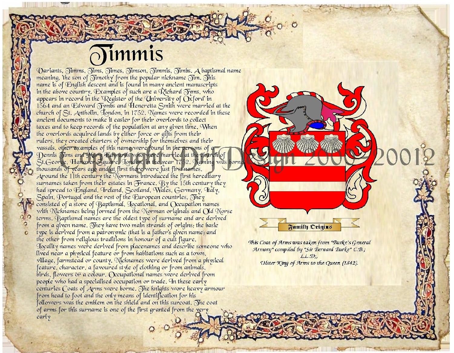 Timmis Coat of Arms/ Family Crest on Fine Paper and Family History Buy ...