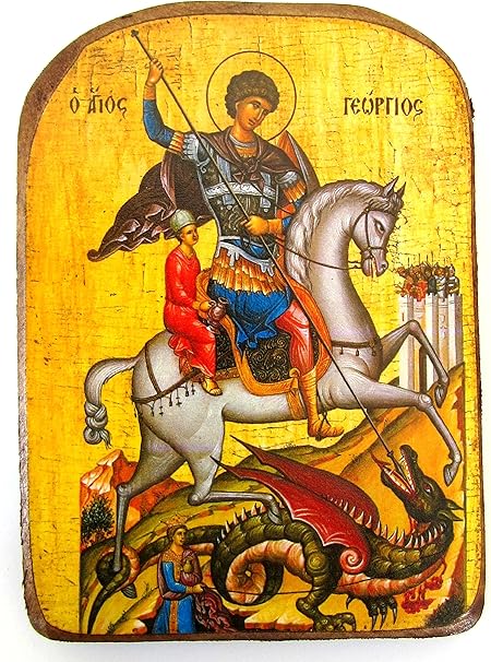 Wooden Greek Christian Orthodox Wood Icon of Saint George Riding His ...