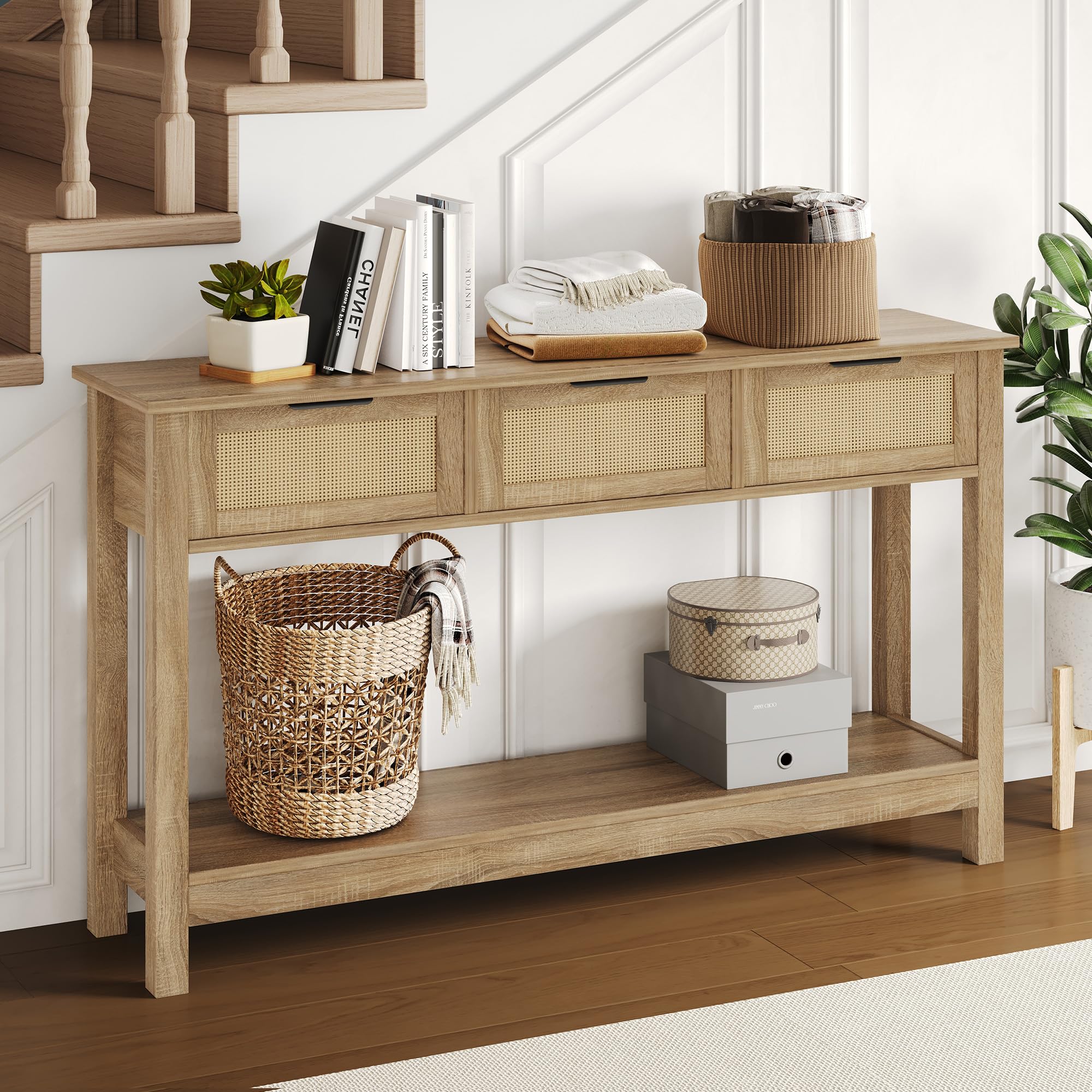 Luoxiao Rattan Console Table Boho Entryway Table with 3 Drawers Narrow ...