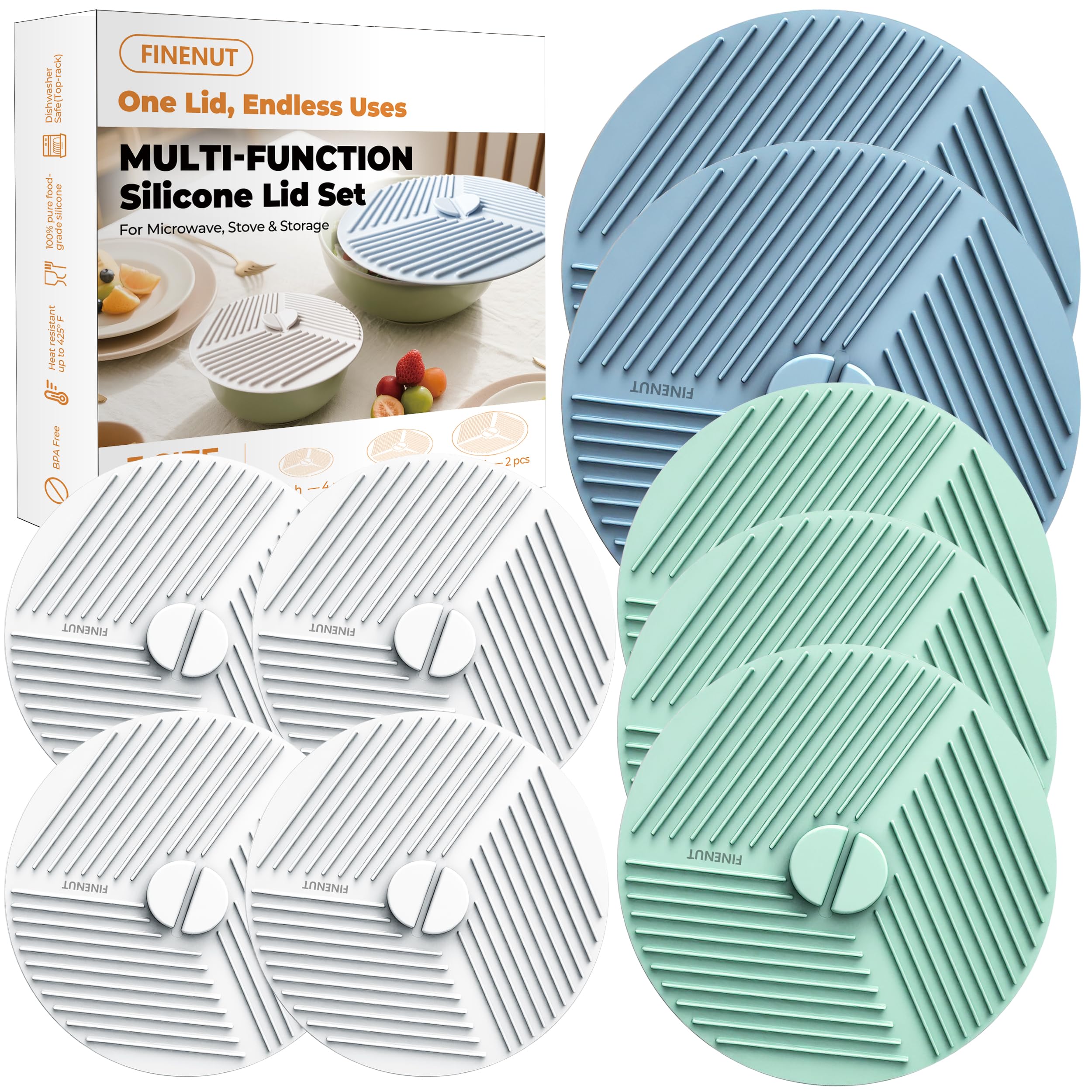 FINENUT Silicone Lids for Bowls,Pots - 9-Pack Microwave Splatter Cover ...
