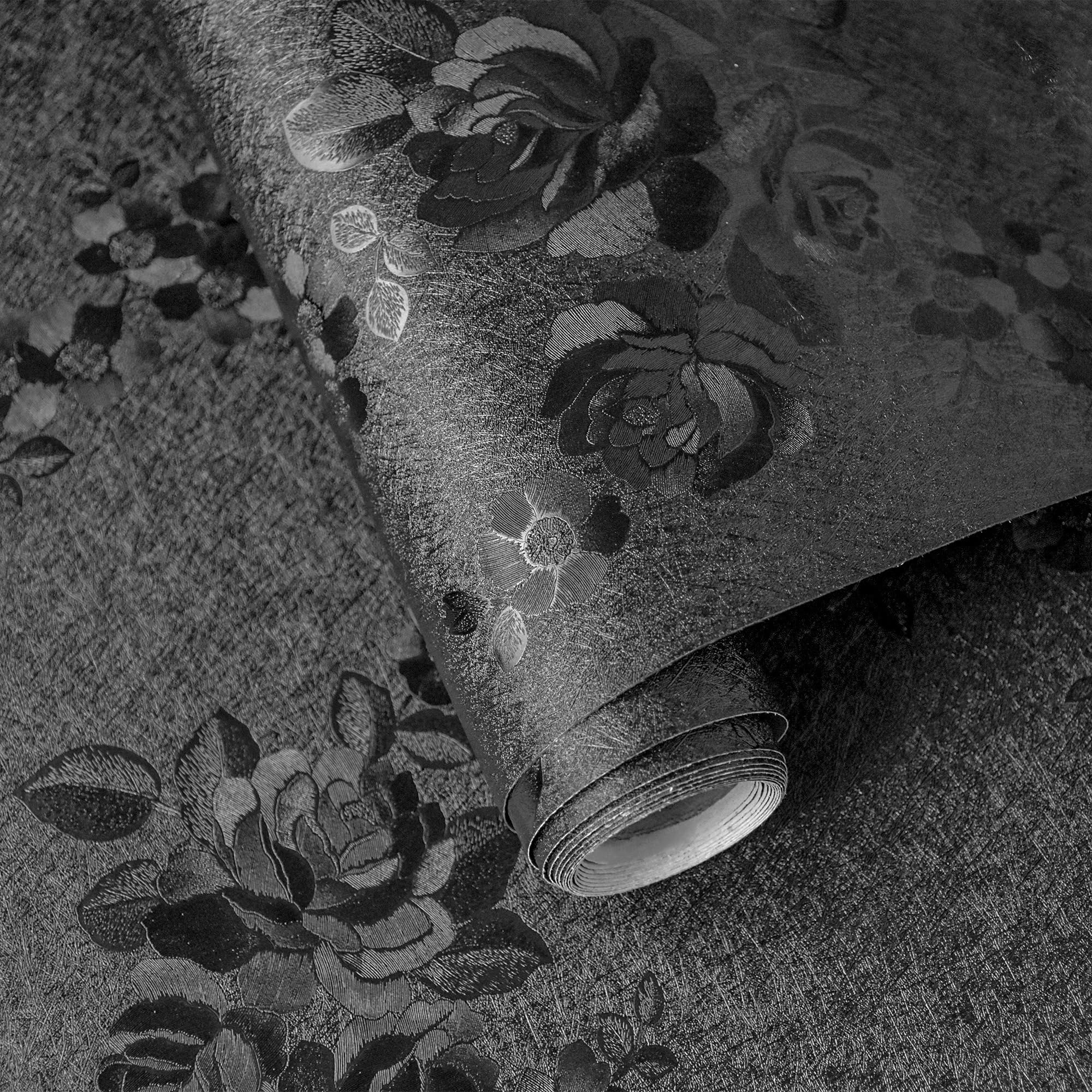 Lativo Black Peel and Stick Wallpaper Silk Embossed Floral Contact ...