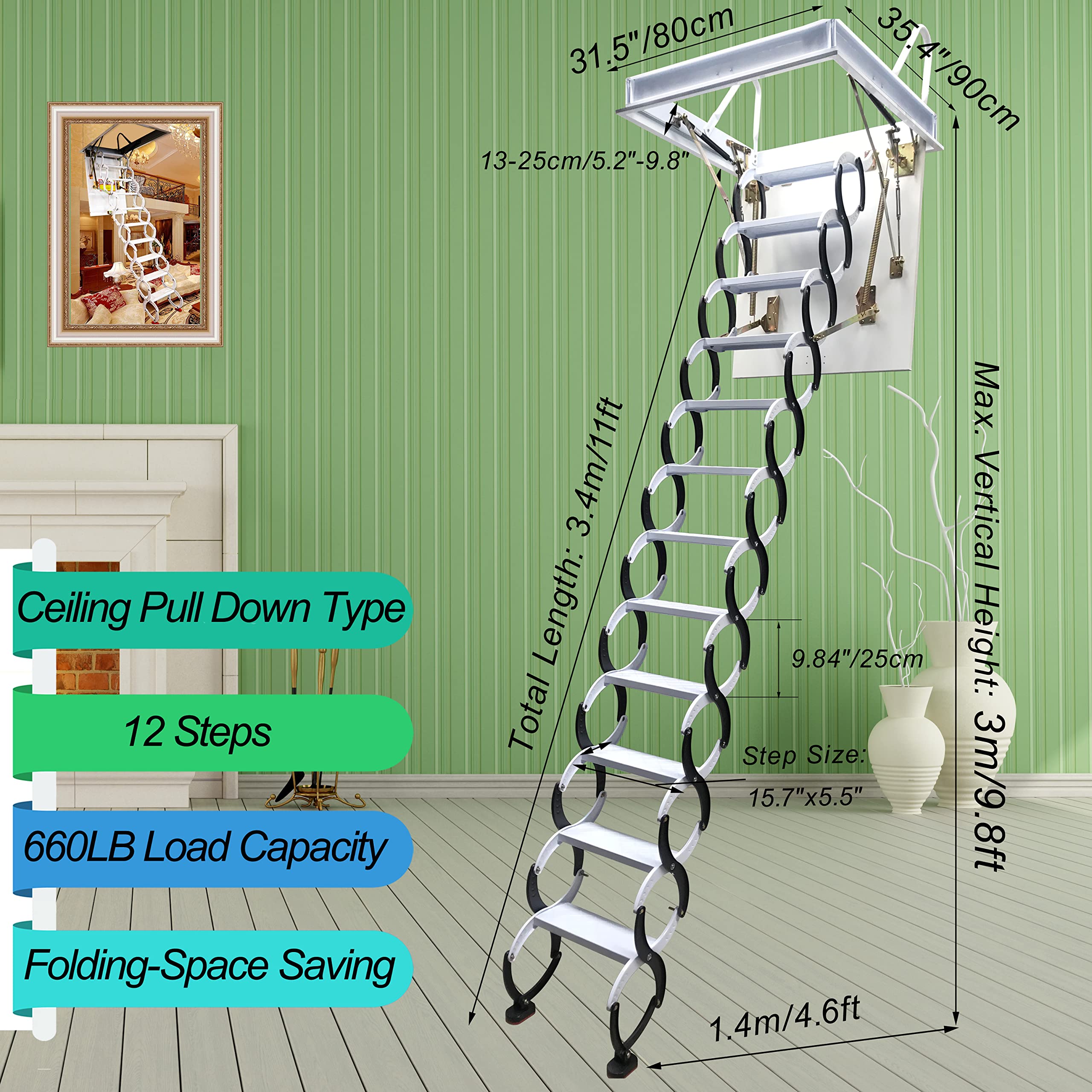 Mua TECHTONGDA 9.8ft Attic Ceiling Pull Down Ladder, 12 Steps Attic ...