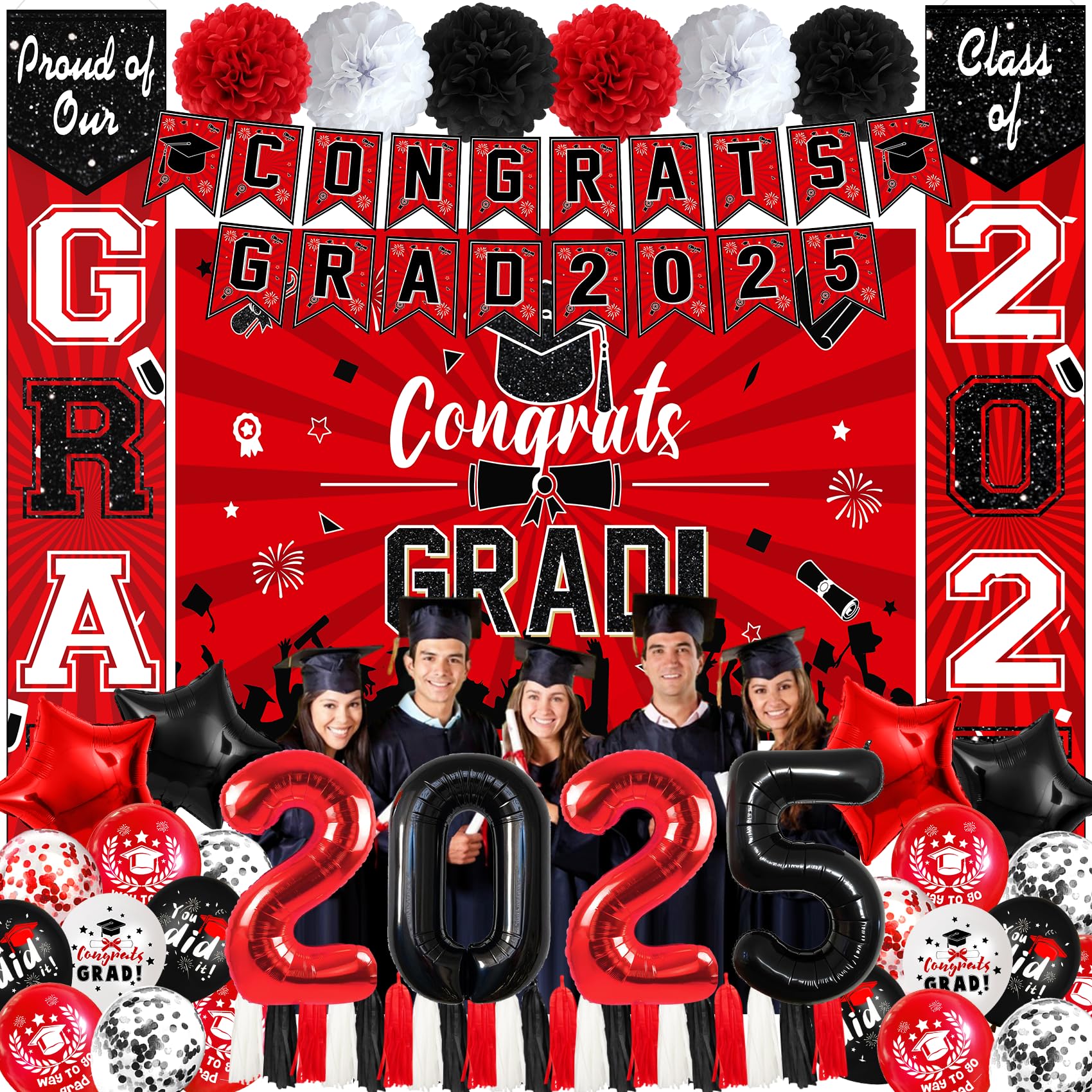 Ouddy Life Red and Black Graduation Decorations Class of 2025, 61Pcs ...