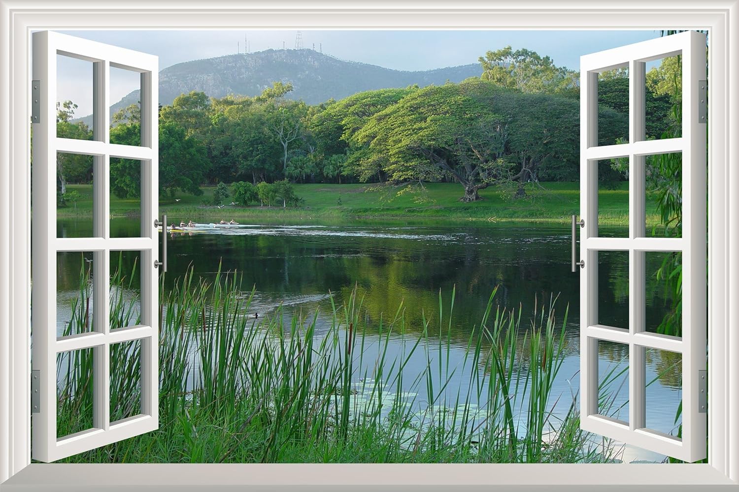 Peaceful Lake with Green Mountain and Trees Open Window Mural Wall ...