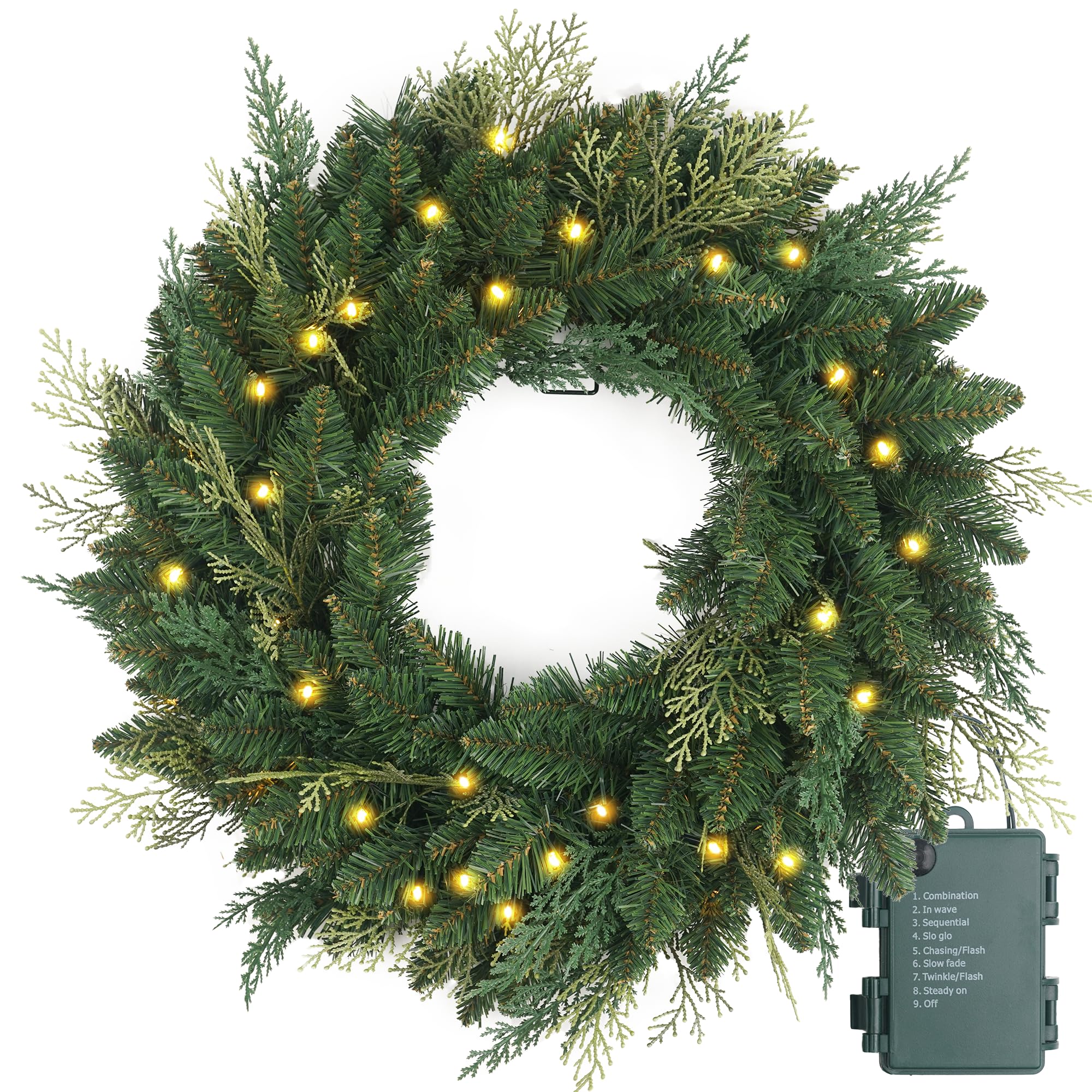 Christmas Wreath Pre-lit 24 inch with 50 Led & Cupressus Tips, Battery ...