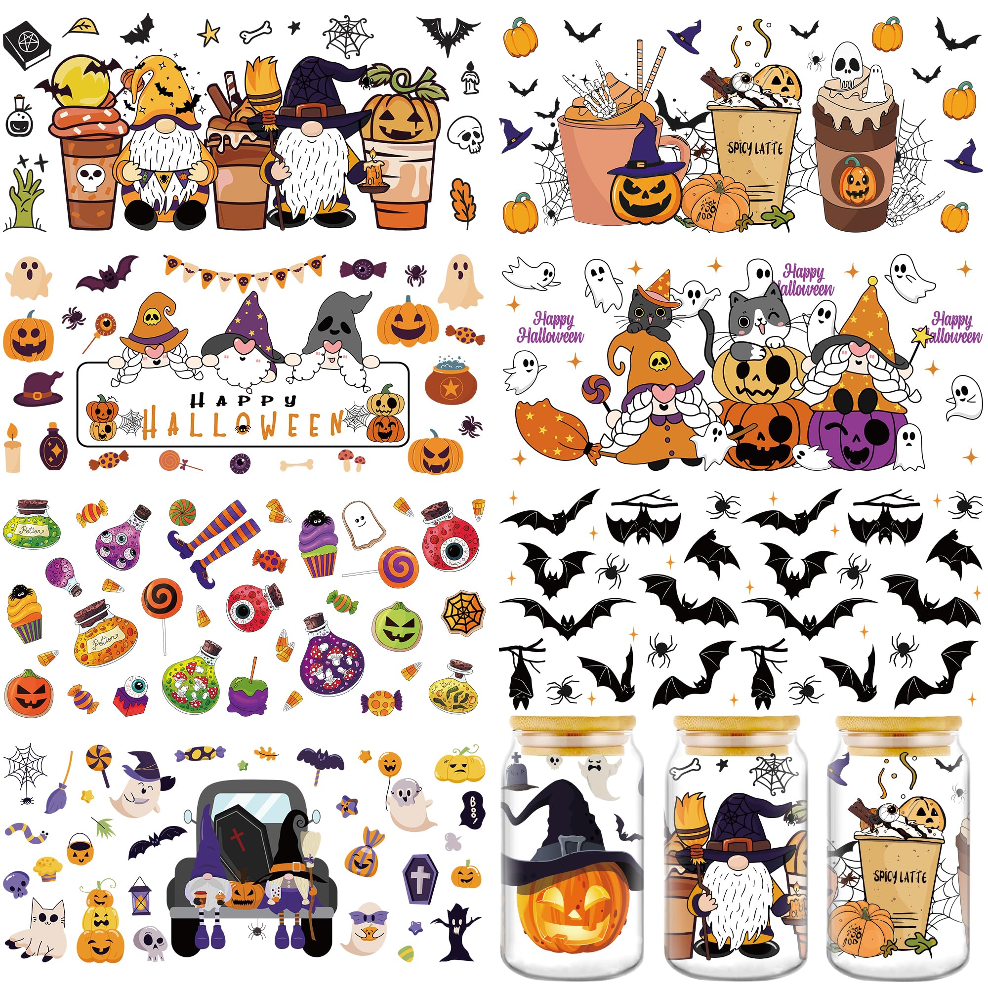 Halloween Transfer Cup Wrap Stickers - 8 Sheets Funny Halloween UV DTF Cup Wraps for 16 oz Glass ...