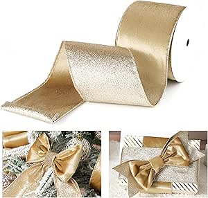 LIZLOVESS Khaki Velvet Wired Ribbon with Glitter Back 4 Inch Gold ...