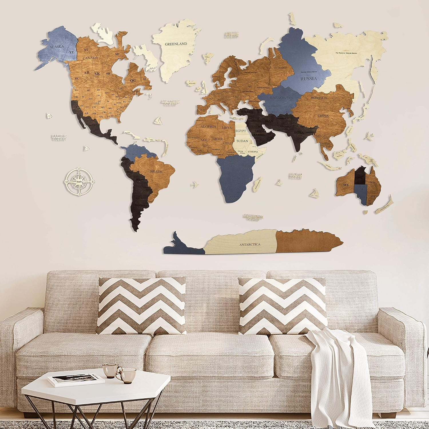 Wood World Map Wall Art Flat Earth Led Wall Hanging Home F15