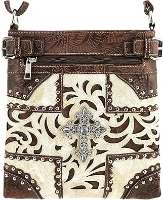 Justin West Western Laser Cut Rhinestone Silver Cross Messenger Handbag ...