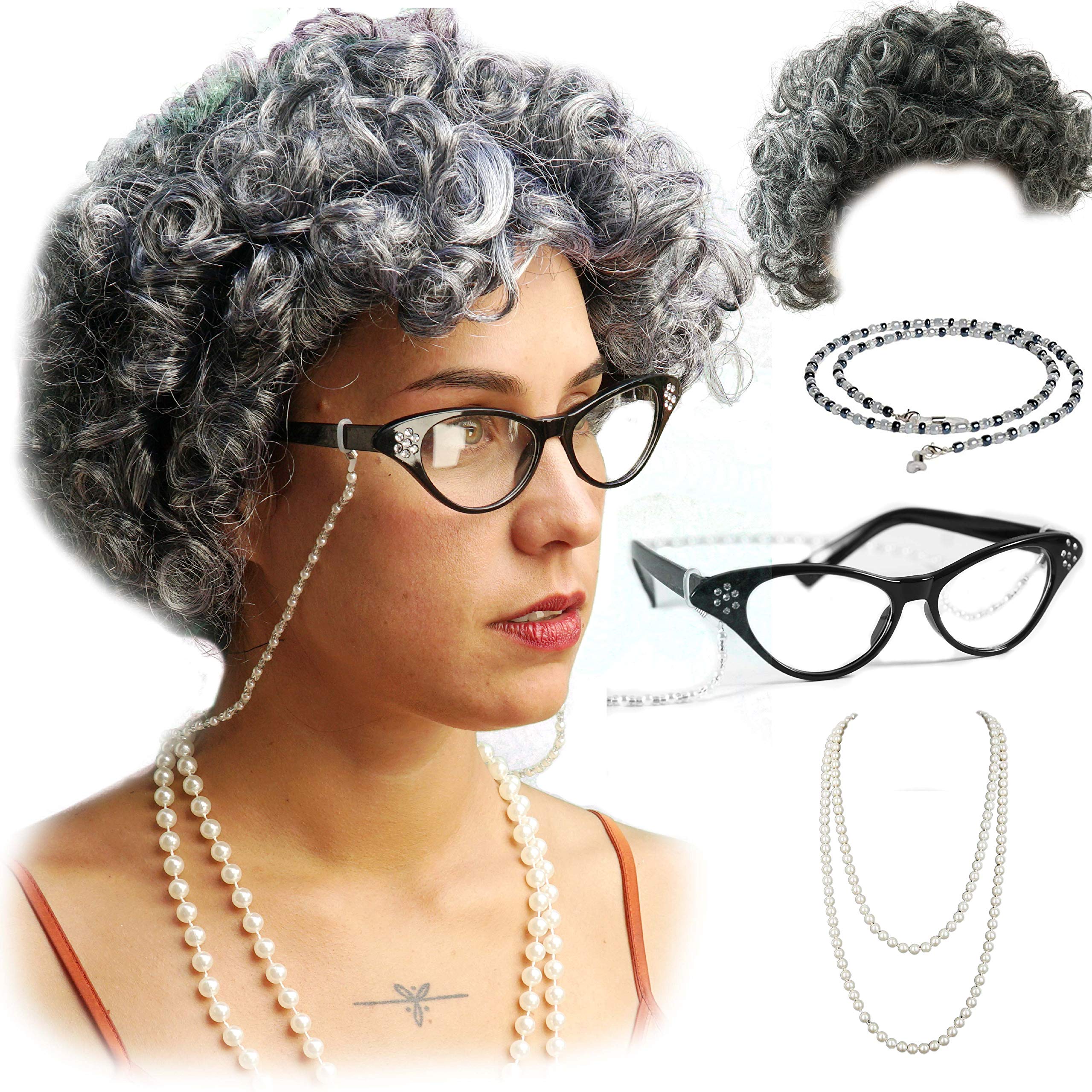 Vibe Old Lady Wig Cosplay Set, Gray Hair Granny Wig with Pearl Necklace ...