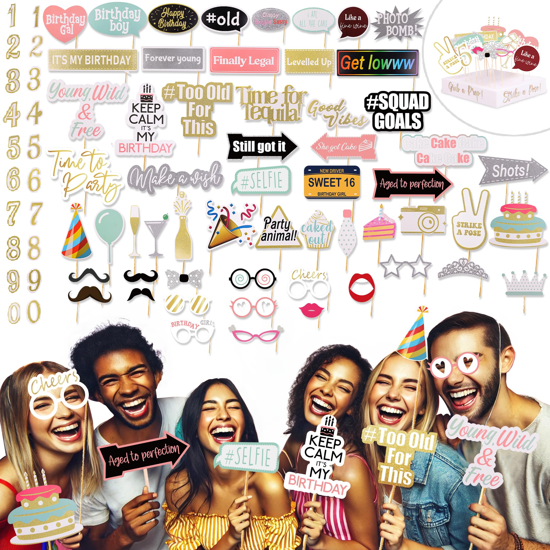 NO DIY – Upgraded Birthday Photo Booth Props – 70Pcs - Multi Colored ...