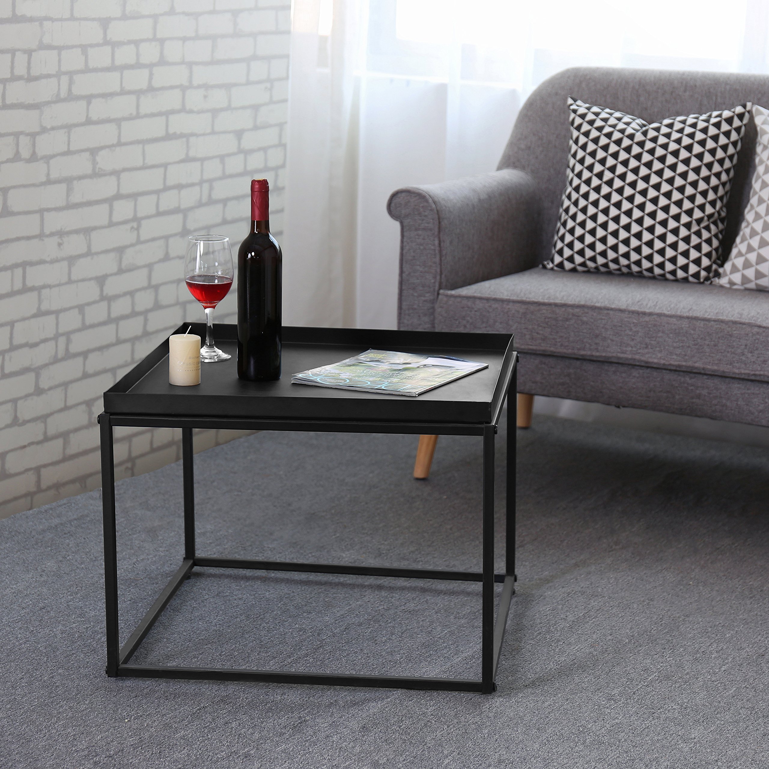 MyGift 24-Inch Modern Black Metal Square Tray Side Table