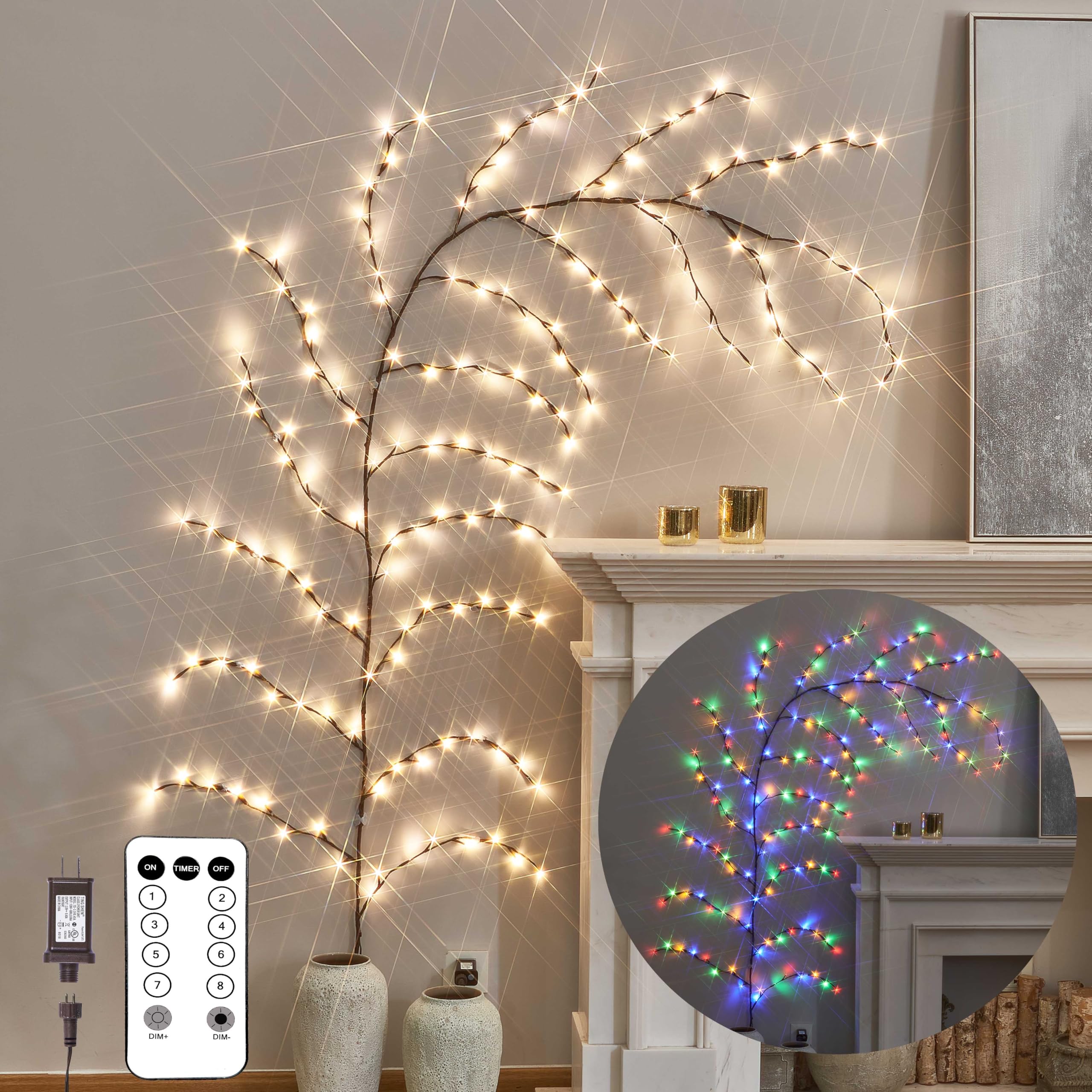 LITBLOOM Lighted Willow Vine with Timer 8FT 160 Warm White and ...