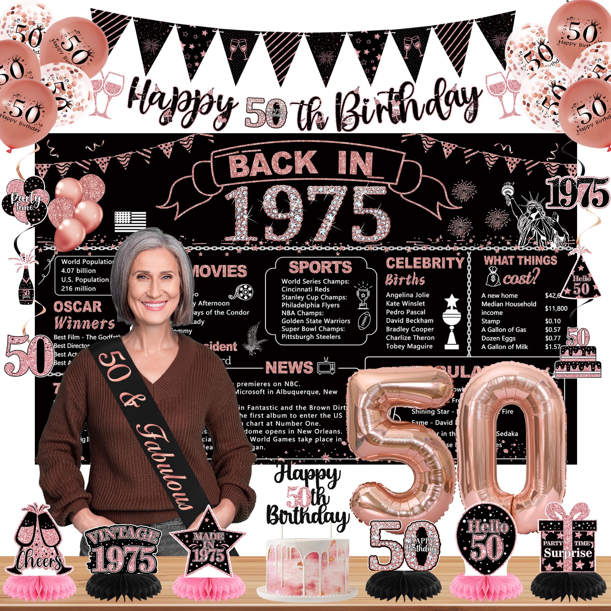 DARUNAXY 50th Birthday Party Decorations for Women, Rose Gold Back in 1975 Banner, Rose Gold 50 ...